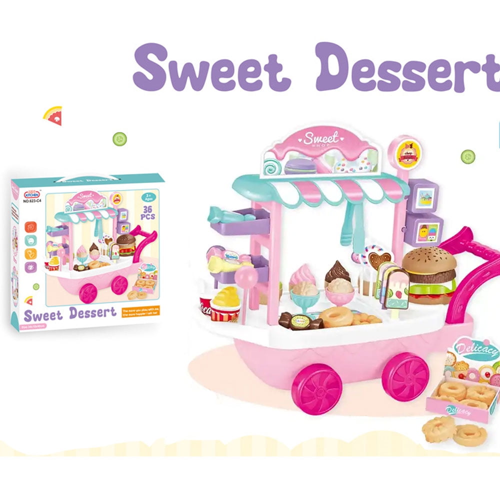 HAOAN Dessert Candy Trolley Kitchen Toy Set with Umbrella Food Dishes ...