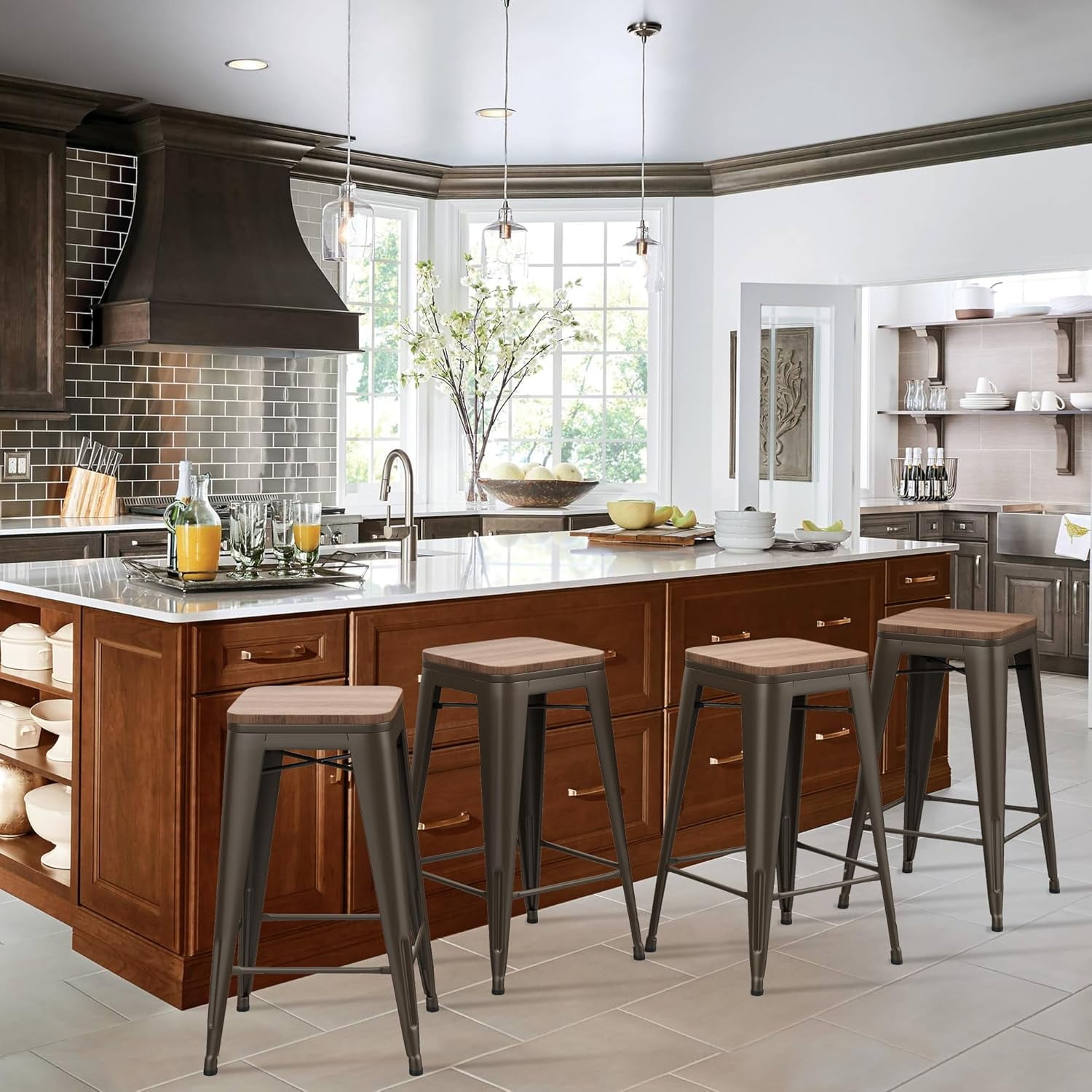 HAOBO Home 24" Backless Metal Counter Stool Height Bar Stools with Wooden Seat [Set of 4 ...