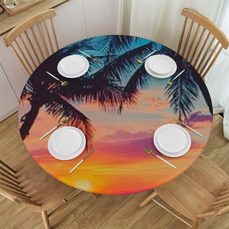 HAOGEILI- Sea Beach Sunset Round Fitted Tablecloth Tropical Palm Trees ...
