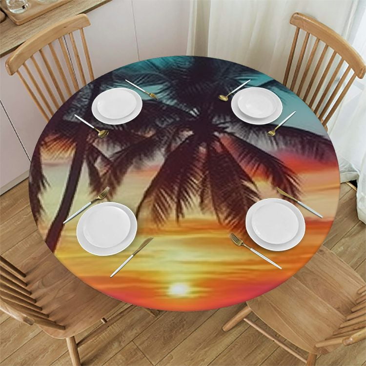 HAOGEILI- Sea Beach Sunset Round Fitted Tablecloth Tropical Palm Trees ...