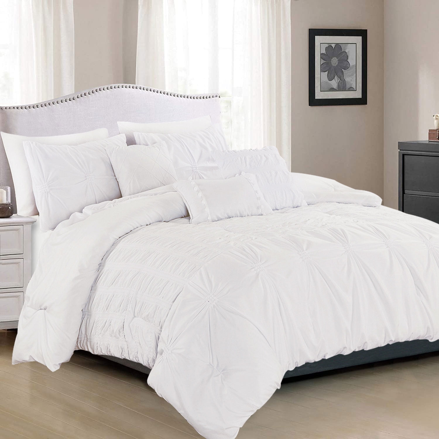 HAOK Soft 7 Piece Comforter Set Bed in a Bag, Needle Stitch Pinch Pleat ...