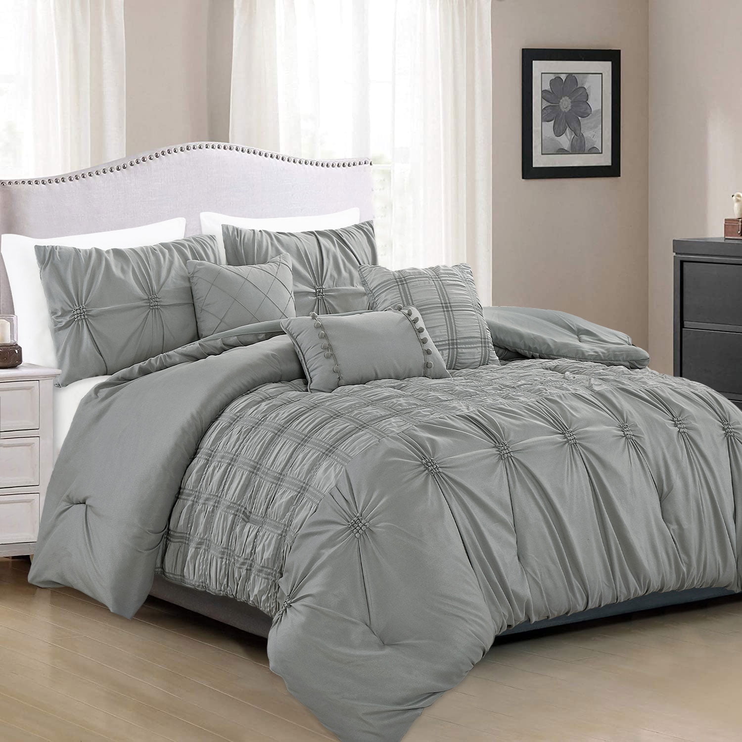 HAOK Soft 7 piece Comforter Set Bed in A Bag, Needle Stitch Pinch Pleat ...
