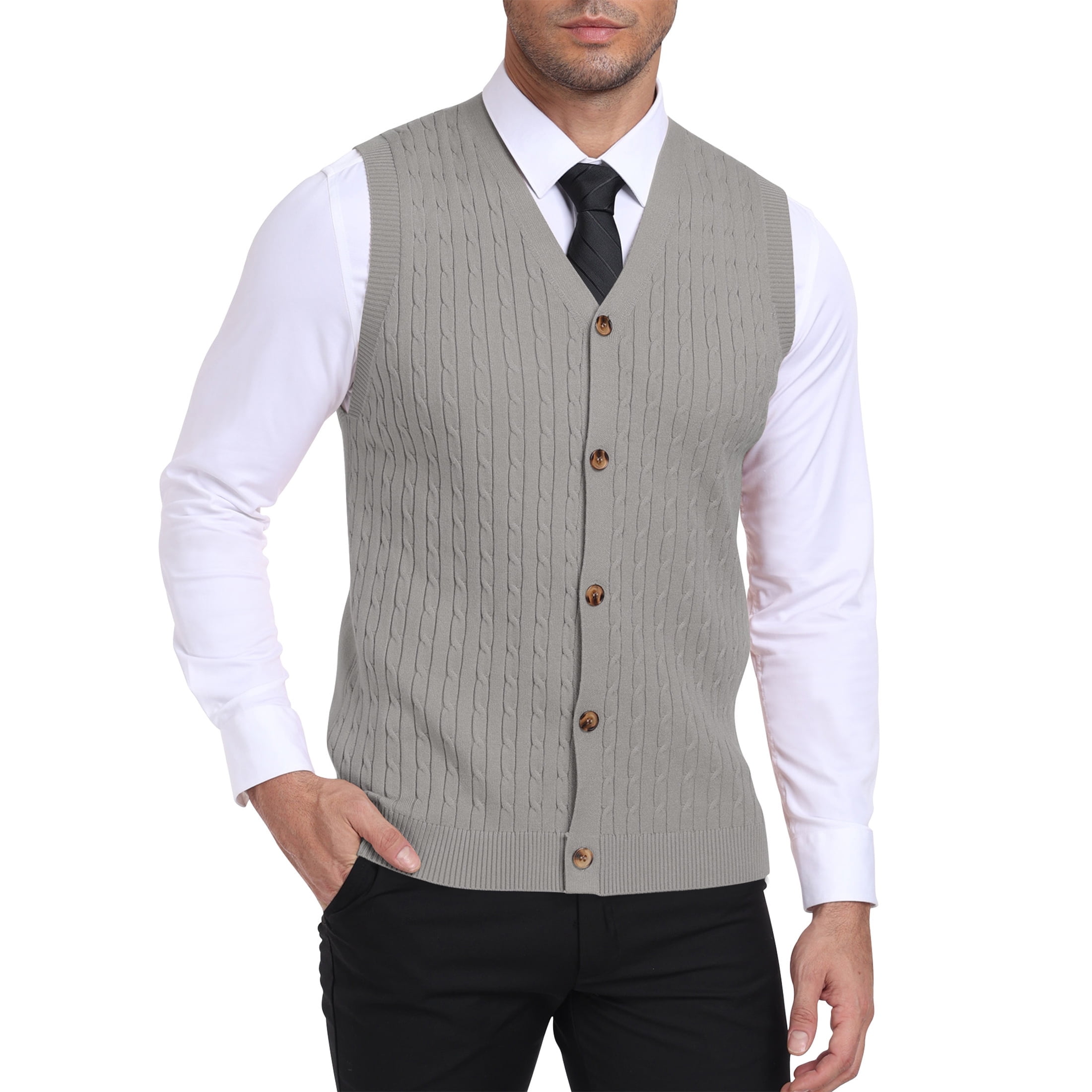 HAOMEILI Men's Sleeveless Sweater Vest V-Neck Casual Cable Knit Button ...