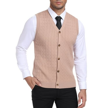 Kallspin Men's Wool Blend Cable-Knit V Neck Sleeveless Cardigan Vest ...