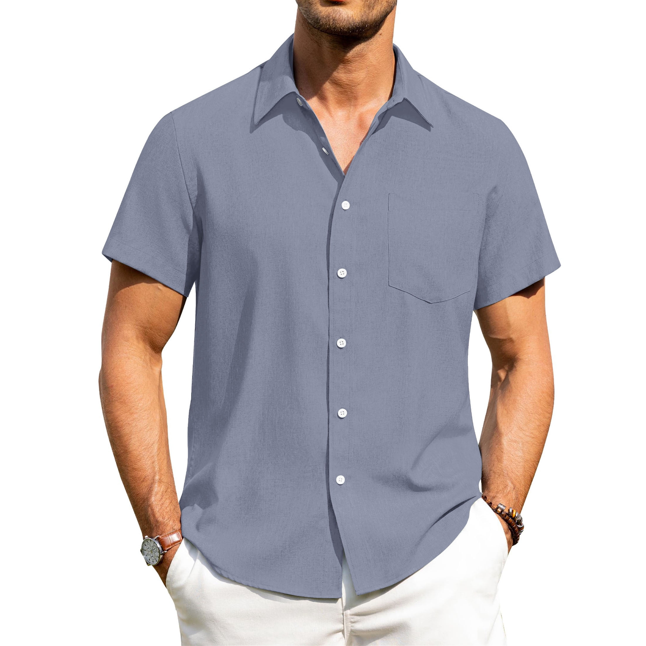 HAOMEILI Men's Casual Button Down Shirts Short Sleeve Linen Shirts ...