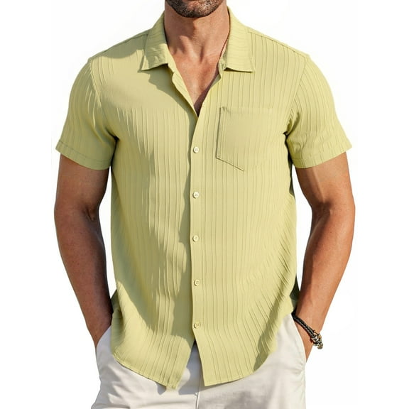 Aursykel Men's Casual Button down Shirts Short Sleeve Cotton Linen ...