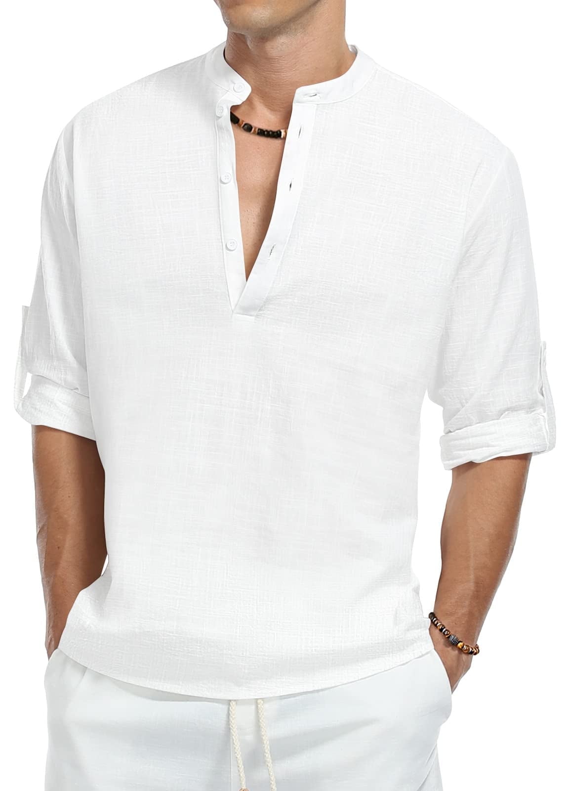 HAOMEILI Men's Cotton Linen Henley Shirt, Long Sleeve, Breathable, Anti-Shrink, Casual Beach T ...