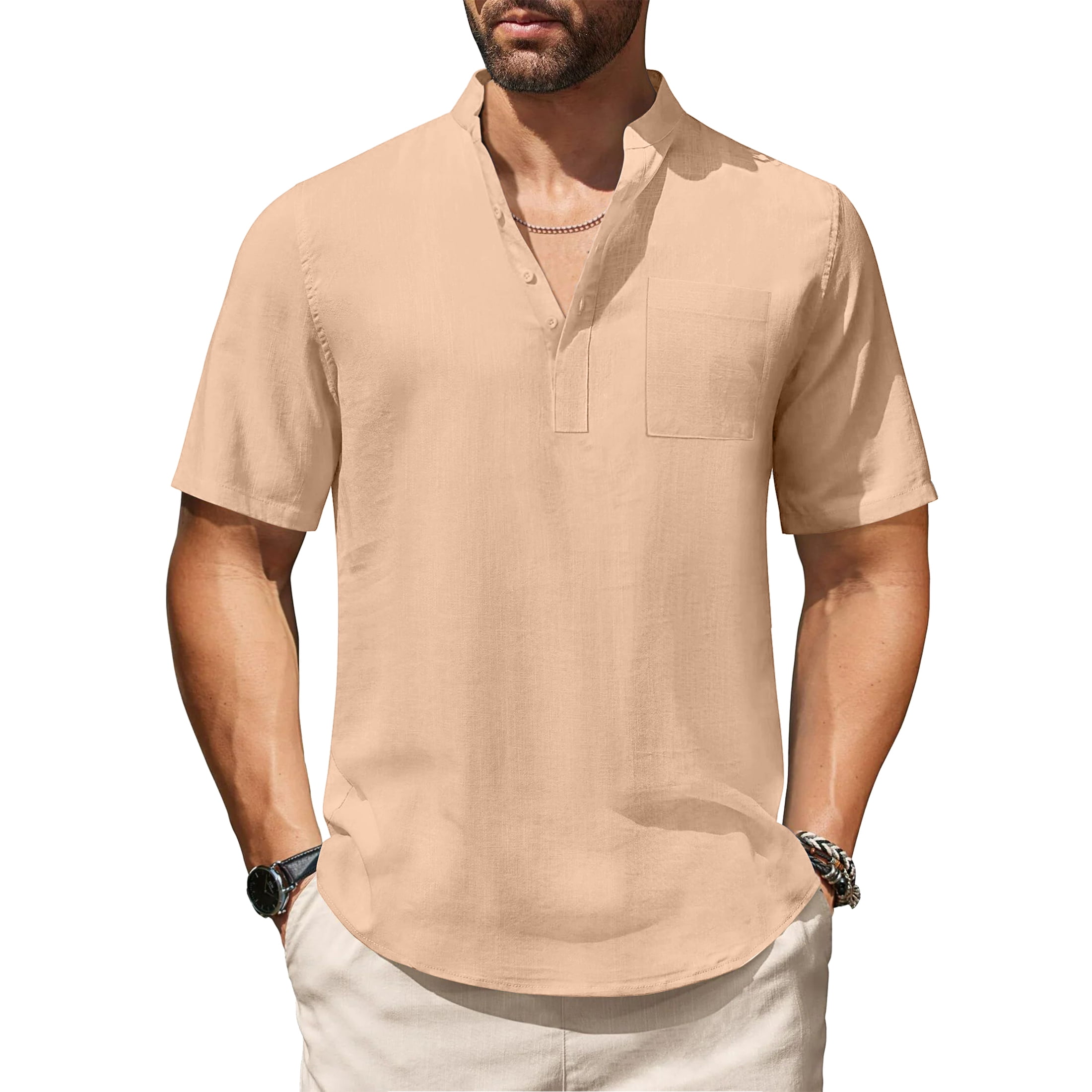 HAOMEILI Men's Cotton Linen Henley Shirt, Short Sleeve, Loungewear,S ...