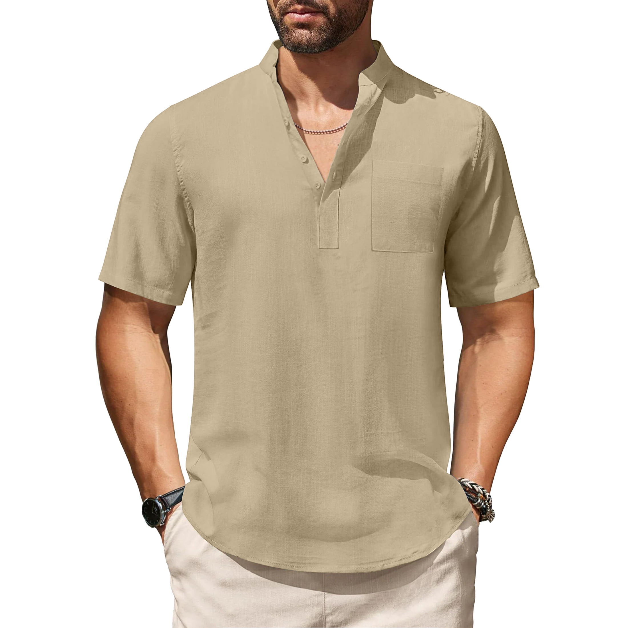 HAOMEILI Men's Cotton Linen Henley Shirt, Short Sleeve, Loungewear,2XL ...