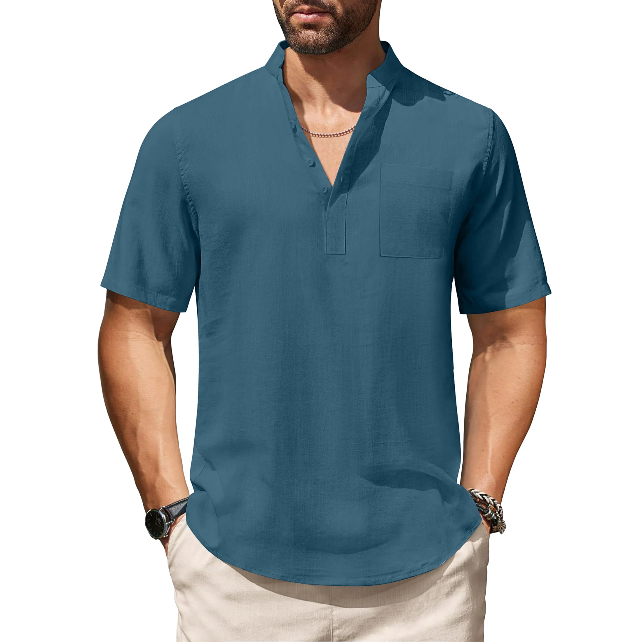 HAOMEILI Men's Cotton Linen Henley Shirt, Short Sleeve, Loungewear,XL - Walmart.com