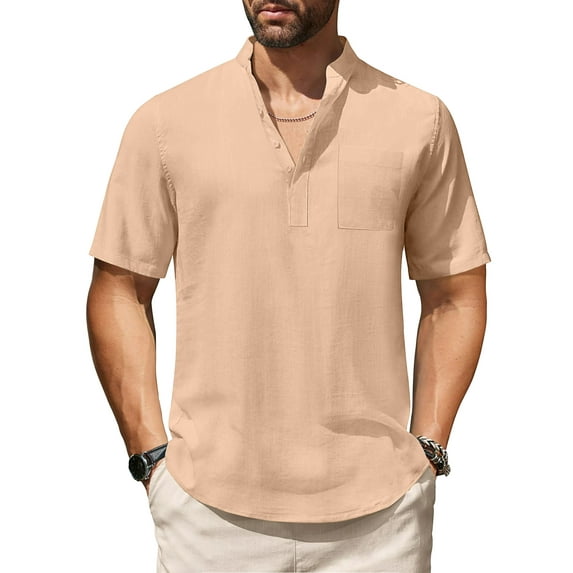 HAOMEILI Men's Cotton Linen Henley Shirt Short Sleeve Hippie Casual Beach T-Shirts with Pocket ...