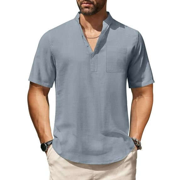 HAOMEILI Men's Cotton Linen Henley Shirt Short Sleeve Hippie Casual Beach T-Shirts with Pocket ...