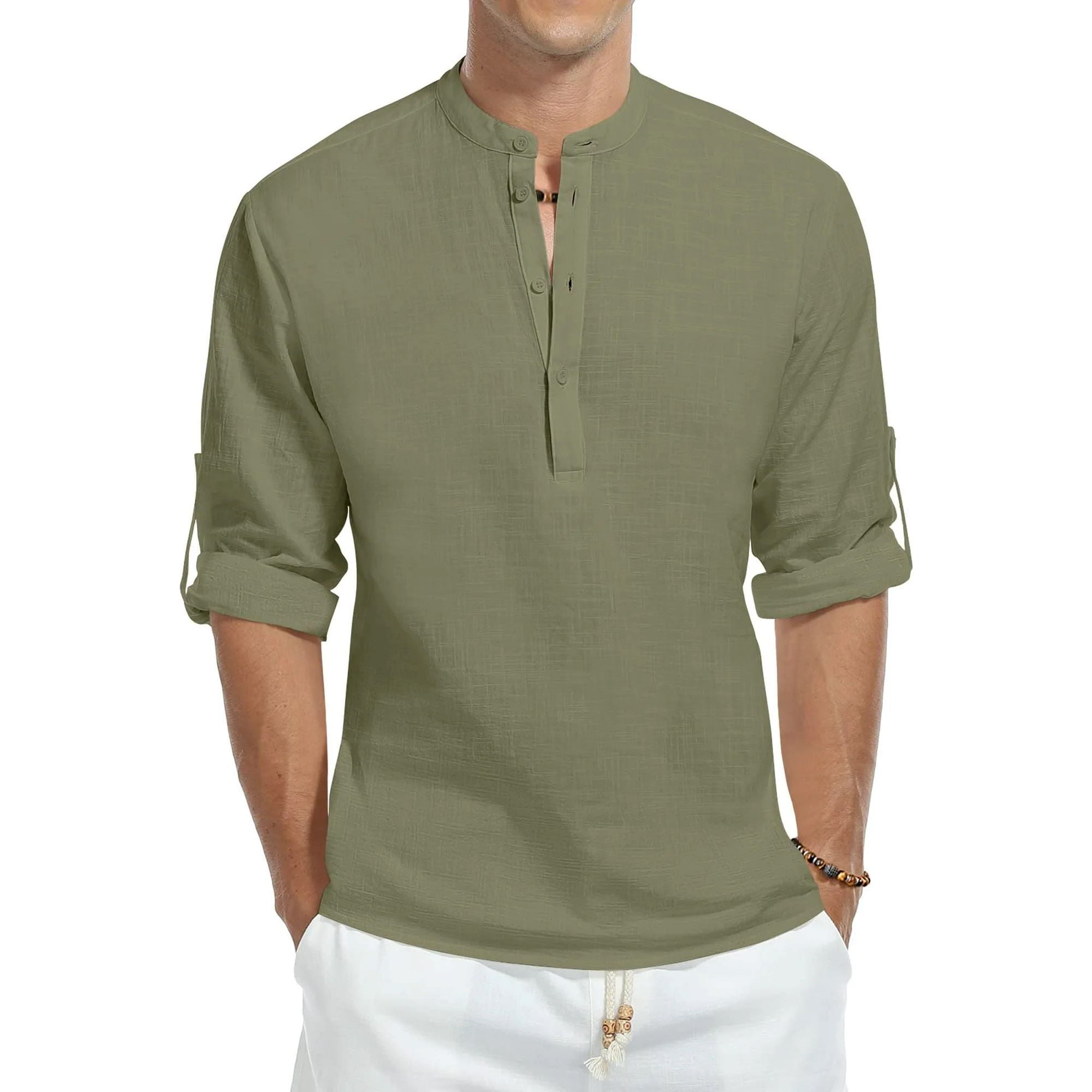 HAOMEILI Men's Cotton Linen Henley Shirt, Long Sleeve, Casual Beach T ...