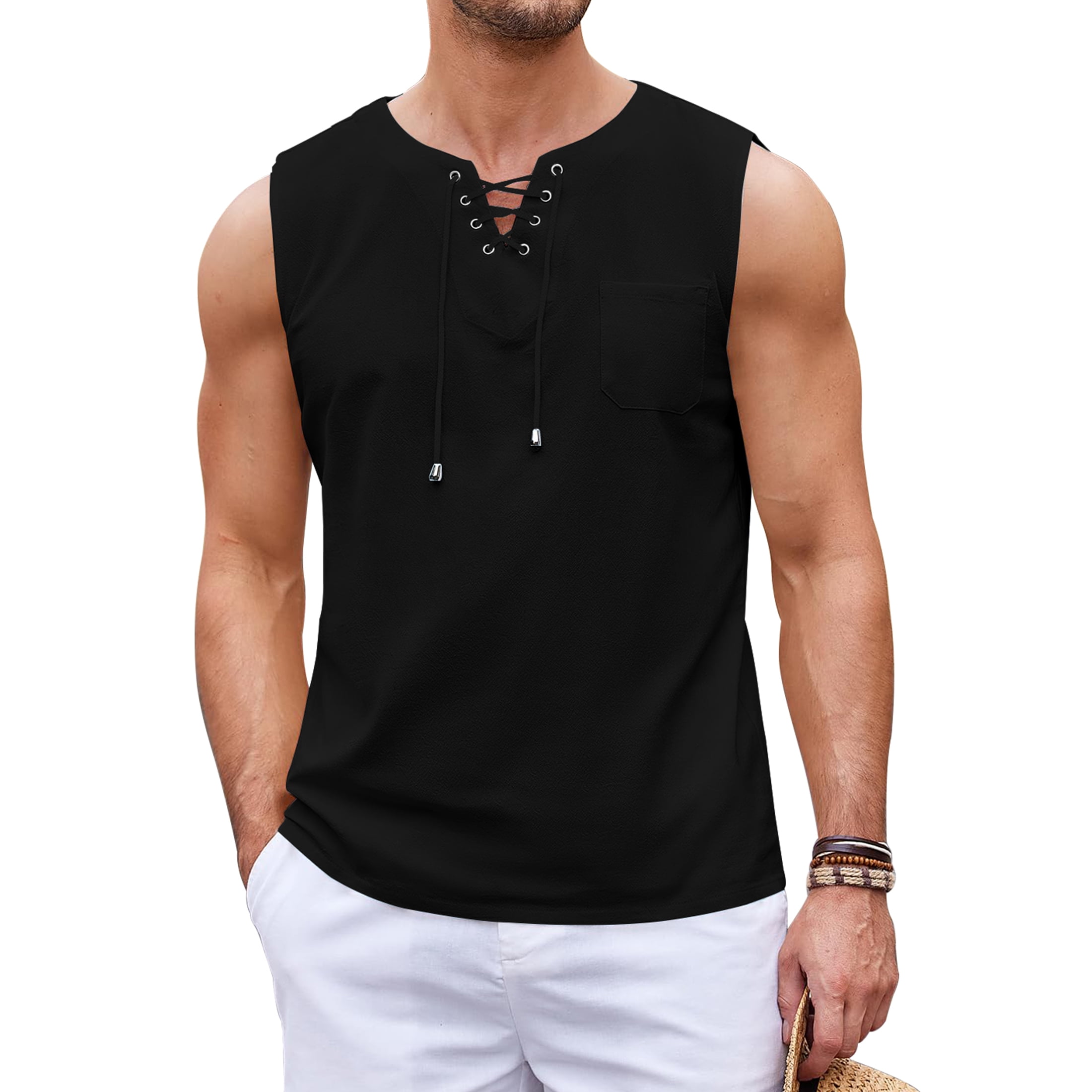 HAOMEILI Men's Cotton Linen Tank Top Shirts Casual Sleeveless Lace Up ...