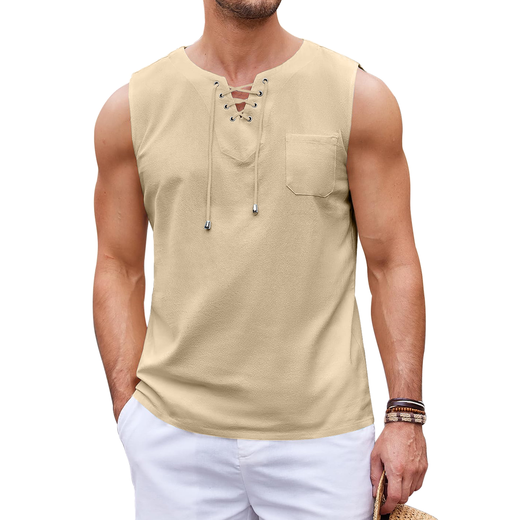 HAOMEILI Men's Cotton Linen Tank Top Shirts Casual Sleeveless Lace Up ...
