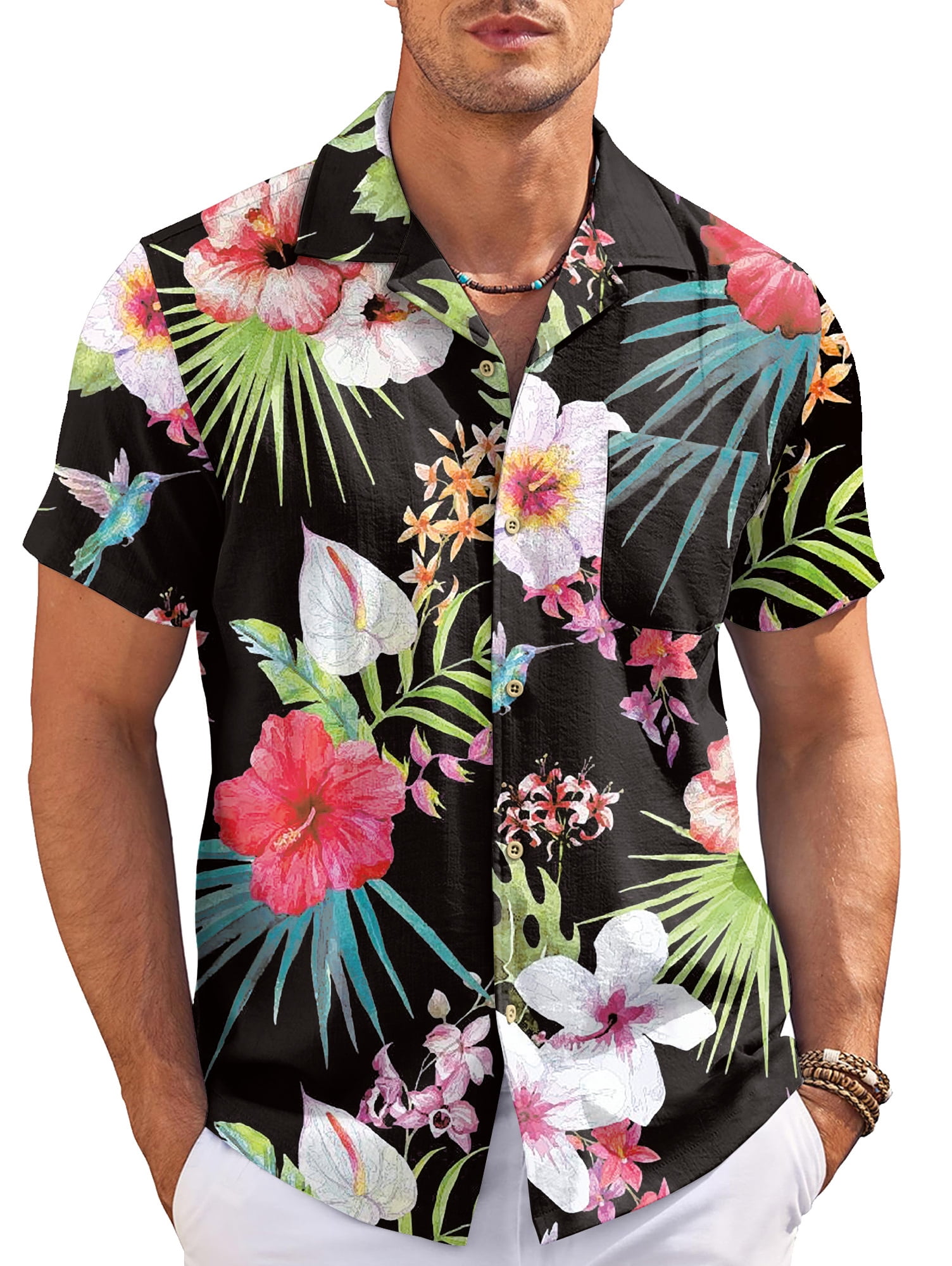 HAOMEILI Men's Hawaiian Shirt Short Sleeve Floral Button Down Shirts Tropical Holiday Beach ...
