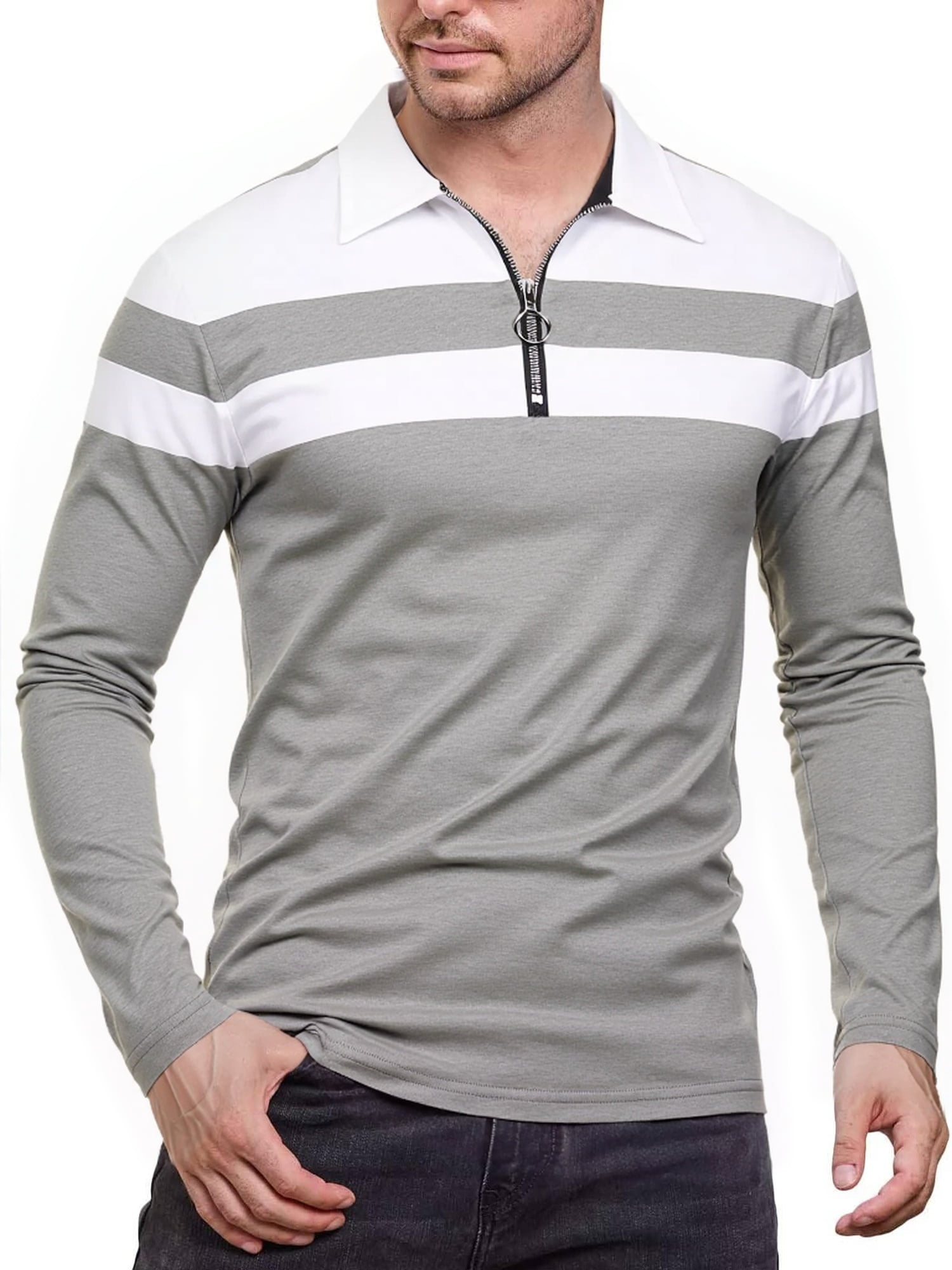 HAOMEILI Menâ€™s Long Sleeve Polo Shirt, Casual Slim Fit Cotton Tops, Contrast Color Design ...