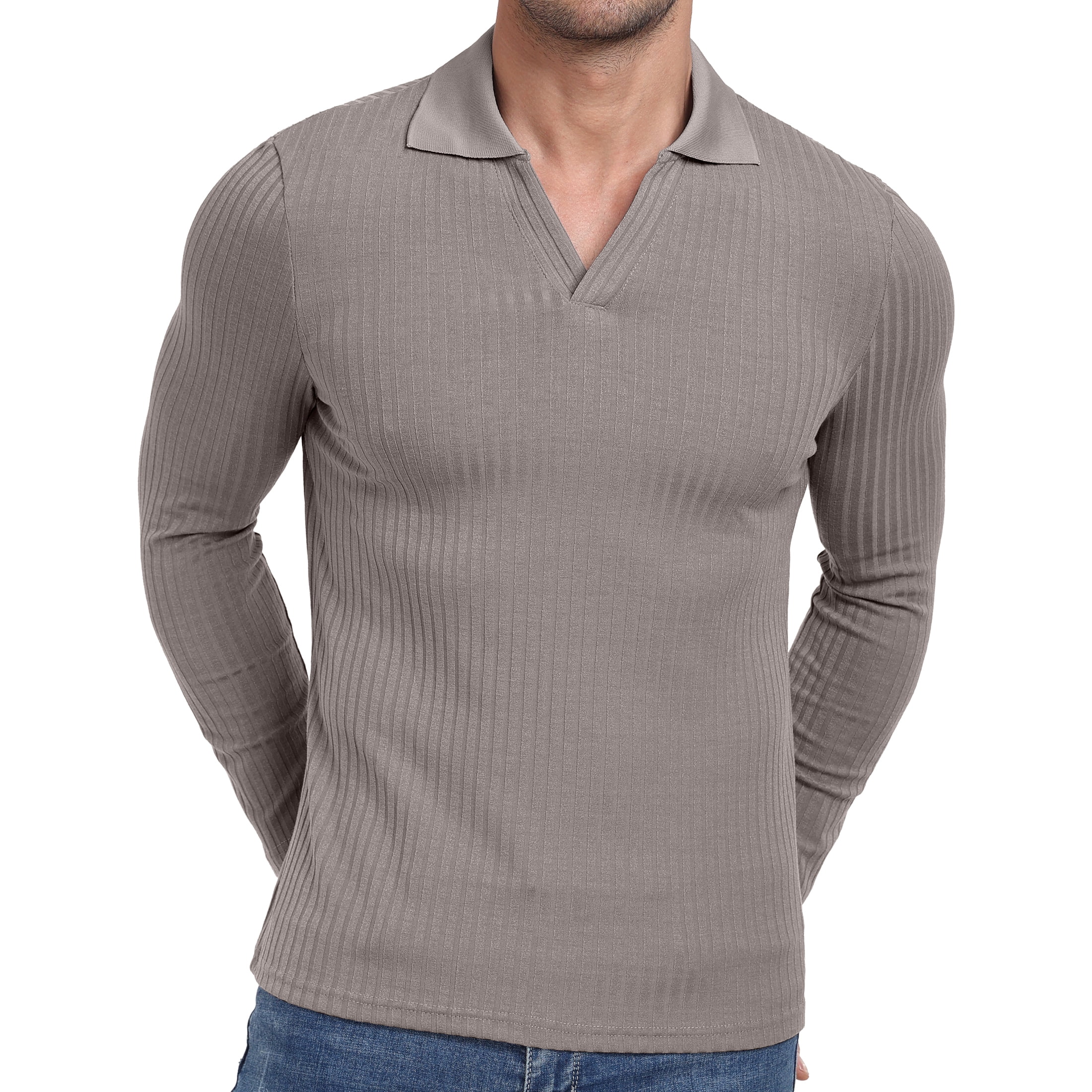 HAOMEIL Men's Polo Shirts Muscle V Neck T-Shirts Long Sleeve Slim Fit ...