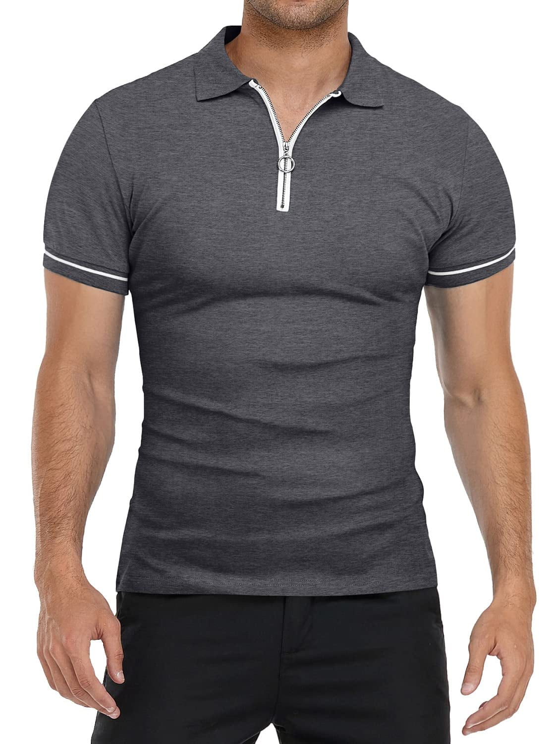 HAOMEILI Men's Zipper Polo Shirt Casual Knit Short/Long Sleeve Polo T Shirt Classic Fit Shirts ...