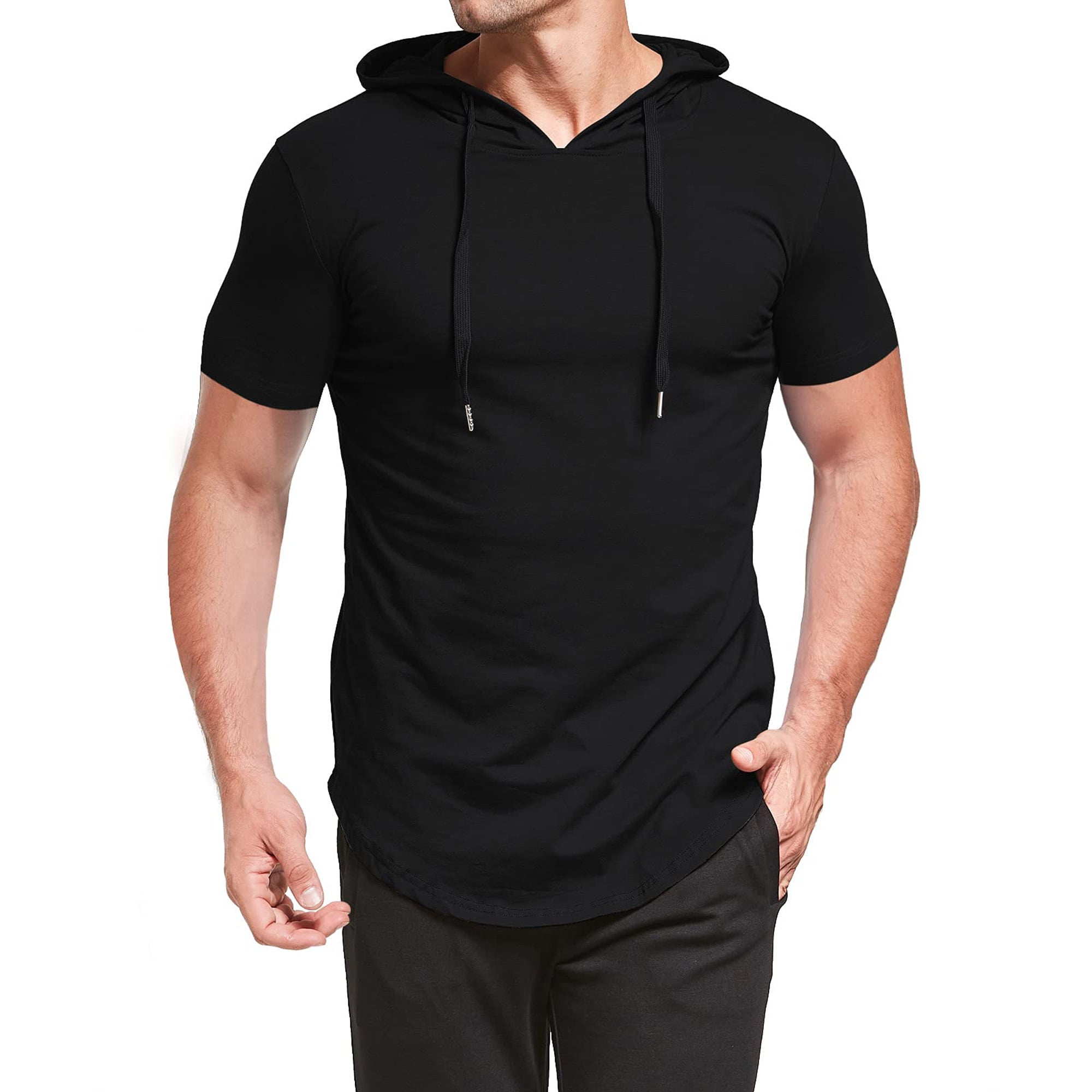 HAOMEILI Men's Short Sleeve Hoodie Workout Gym Sweatshirt Muscle Fit ...