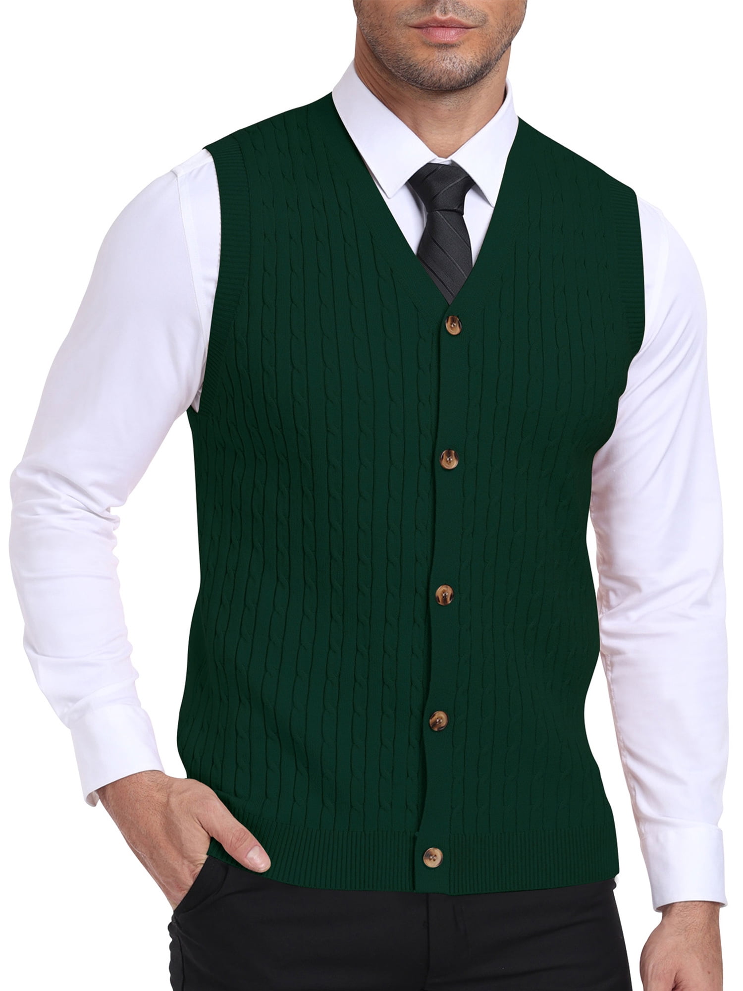 HAOMEILI Men's Sleeveless Sweater Vest V-Neck Casual Cable Knit Button ...