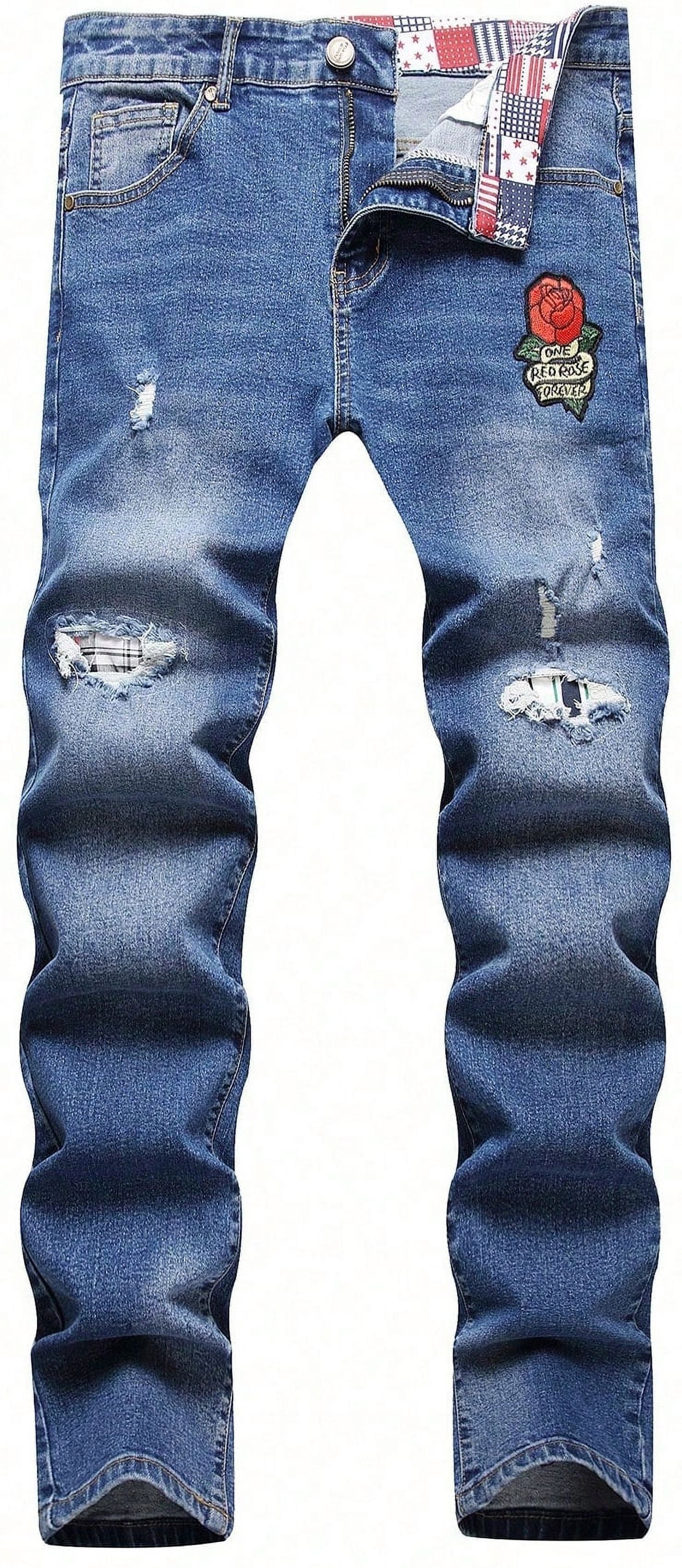 HAOMEILI Men's Straight Slim Fit Ripped Distressed Jeans with Patches ...