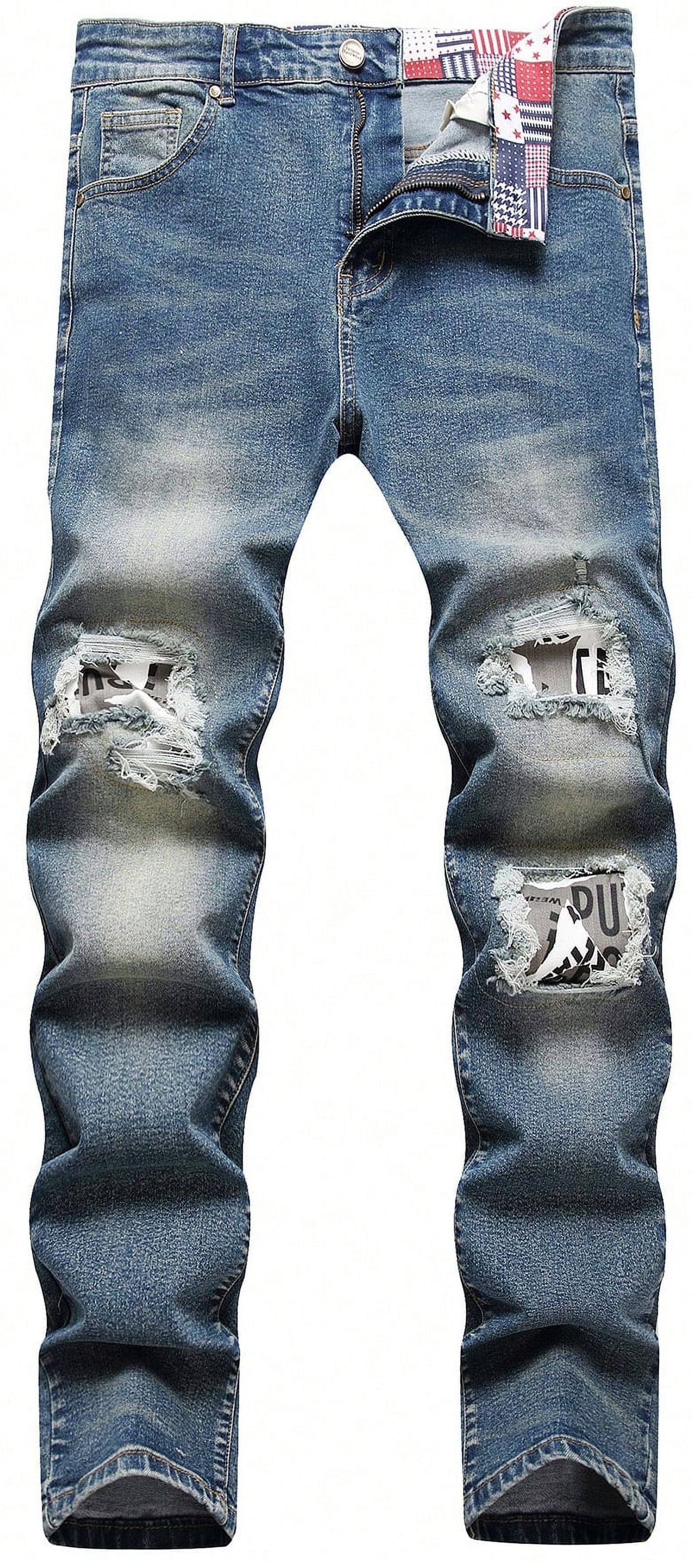 HAOMEILI Men's Straight Slim Fit Ripped Distressed Jeans with Patches ...