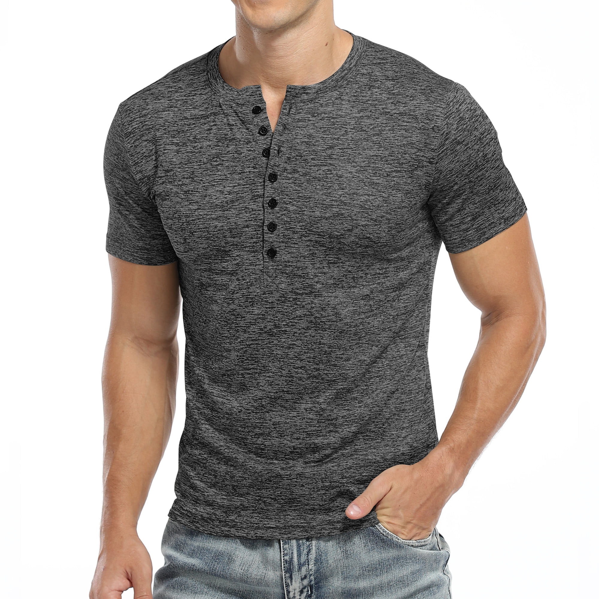HAOMEILI Men's Casual Stretchy Slim Fit Short Sleeve Henley Shirt ...
