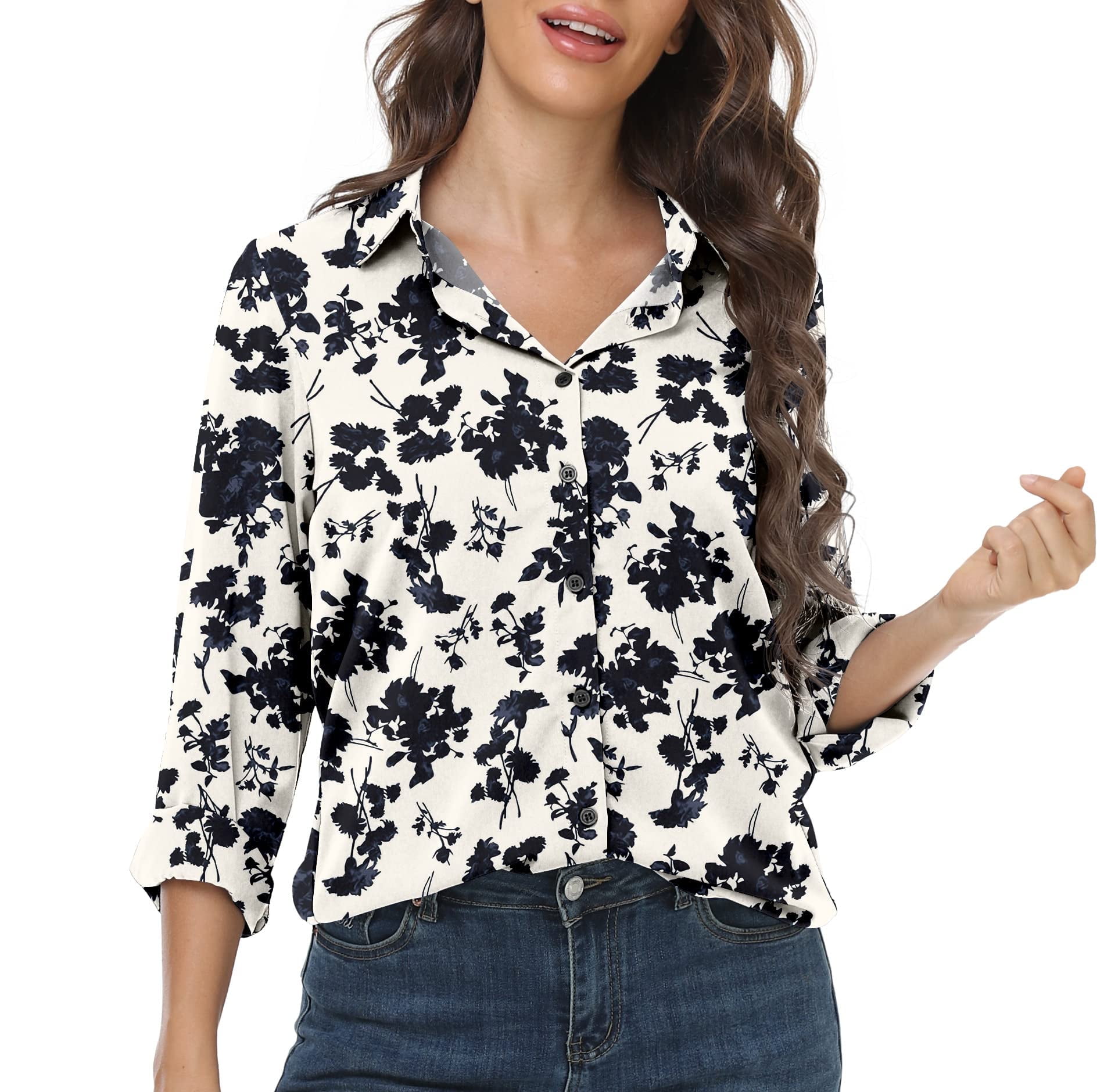HAOMEILI Womens Casual Button Down Shirts V Neck Long Sleeve Collared ...