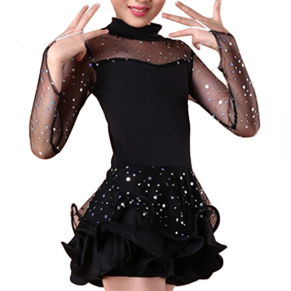 HAORUN Child Girls Sequin Mesh Latin Costume Ballroom Ruffle Dance ...