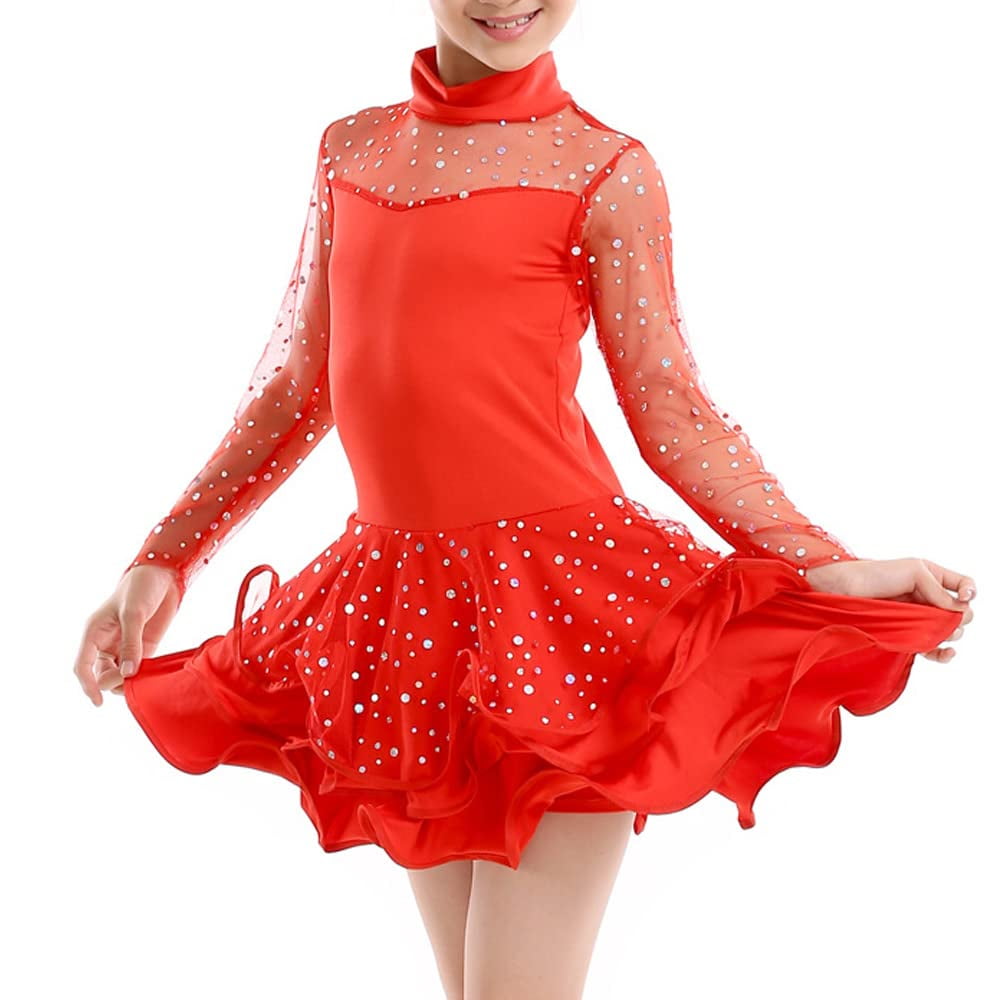 HAORUN Child Girls Sequin Mesh Latin Costume Ballroom Ruffle Dance ...