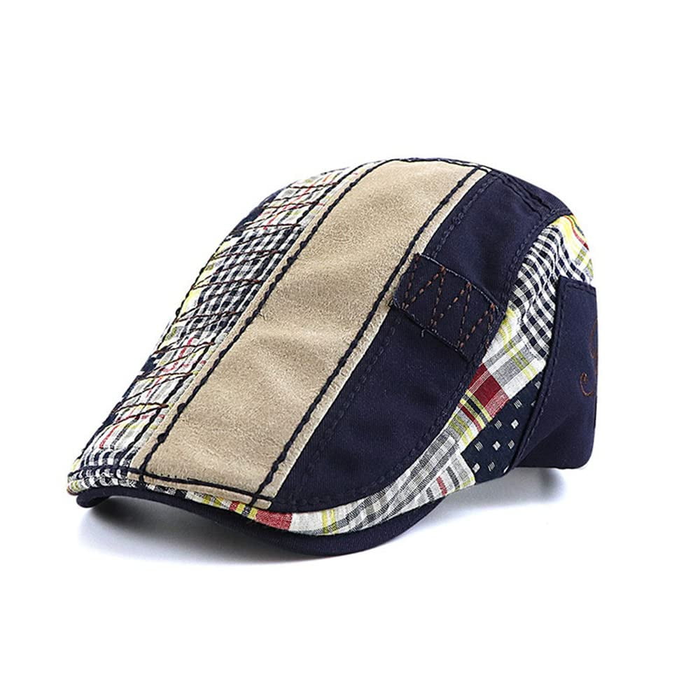 HAORUN Men Patchwork Plaid Newsboy Cap Adjustable Flat Top Hat Outdoor ...