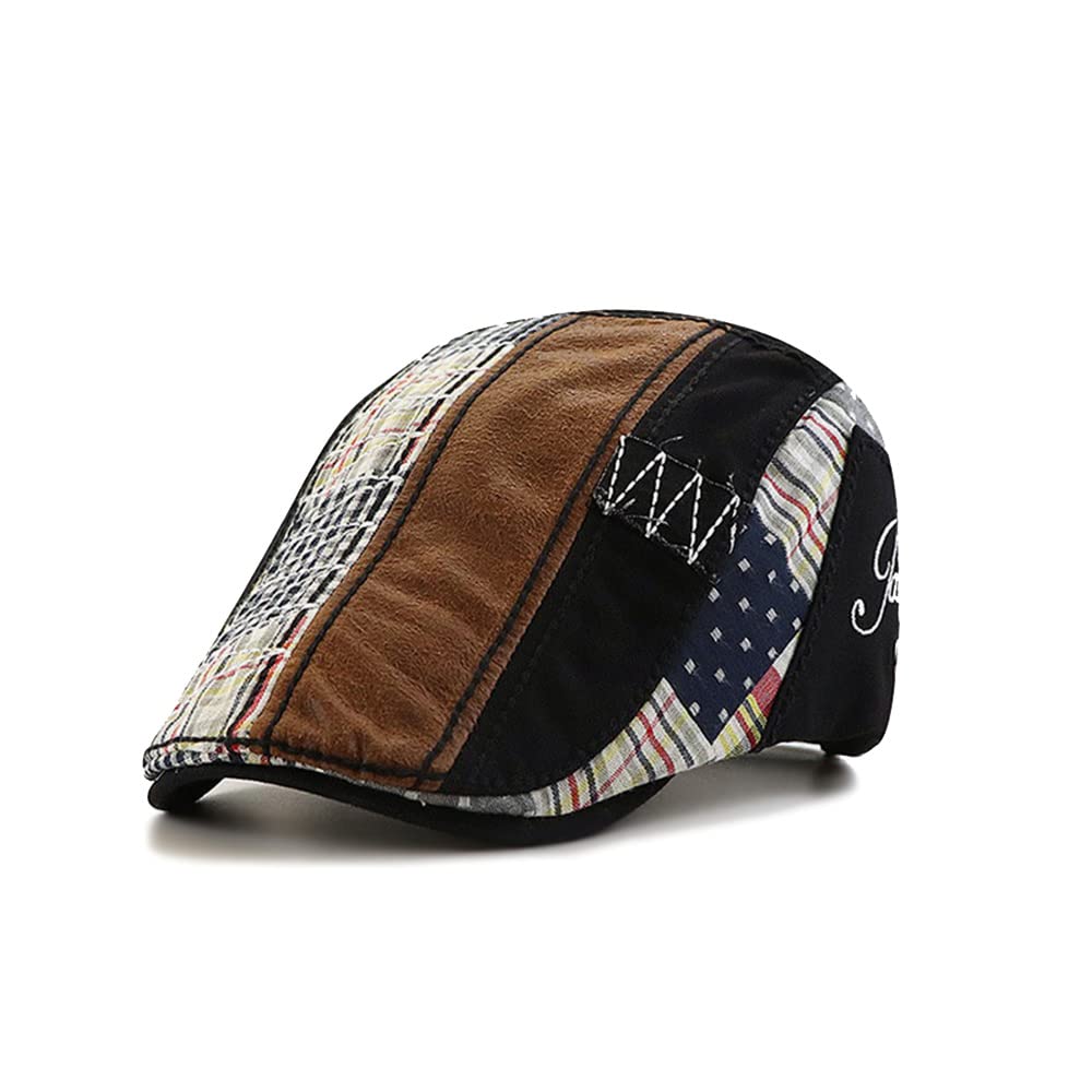 HAORUN Men Patchwork Plaid Newsboy Cap Adjustable Flat Top Hat Outdoor ...