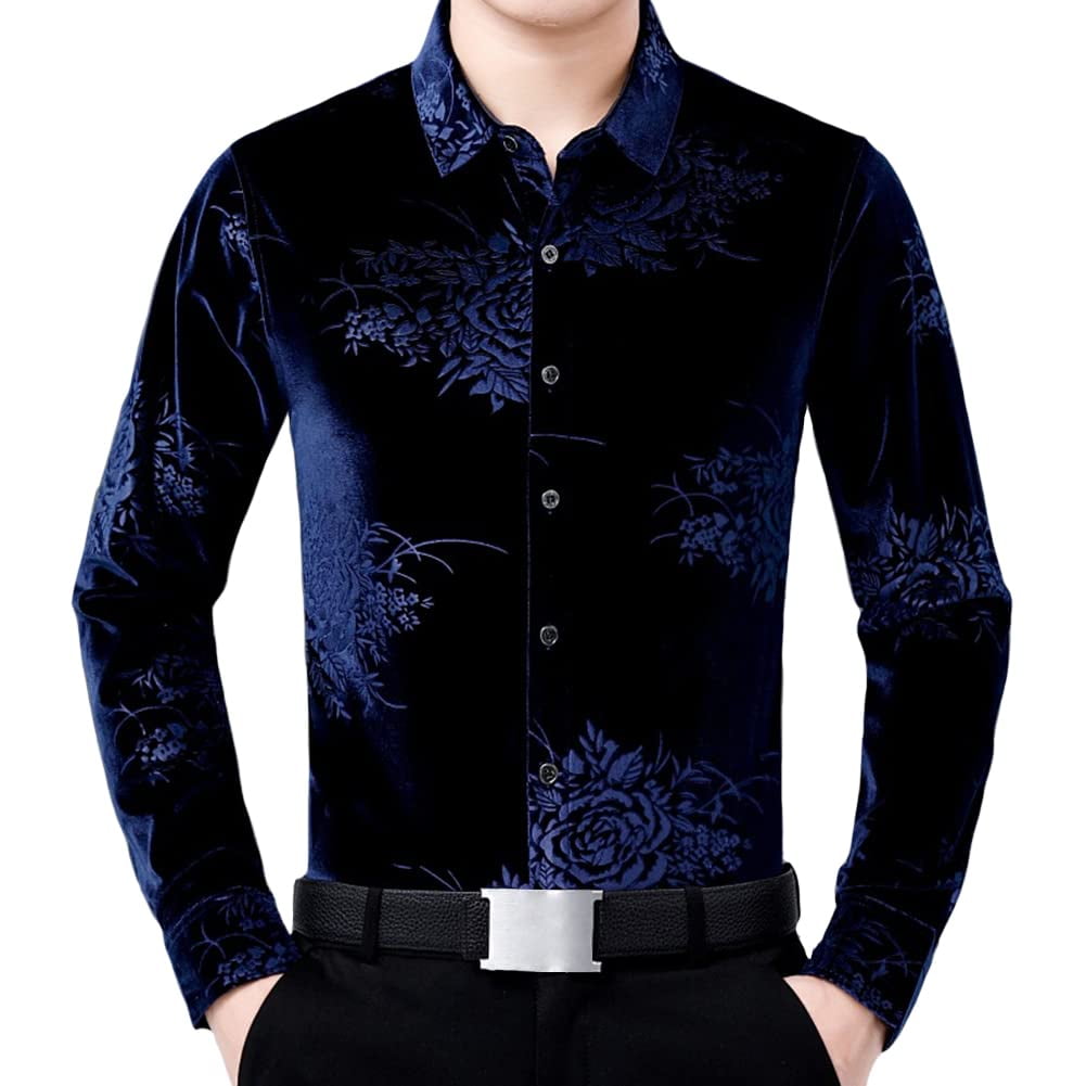 HAORUN Men Velvet Floral Long Sleeve Shirt Casual Retro Regular Fit Top ...
