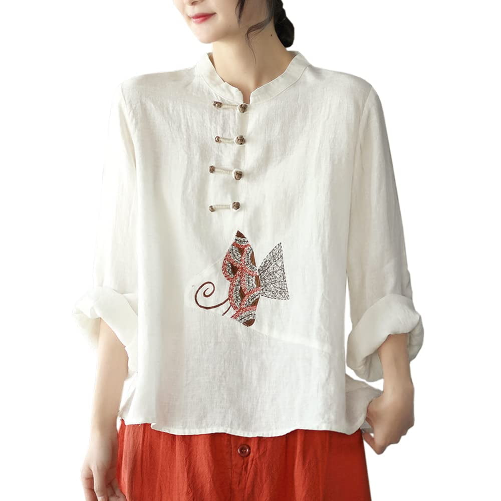 HAORUN Women Chinese Embroidered Cotton Linen Frog Button Shirt Long Sleeve Mandarin Collar ...