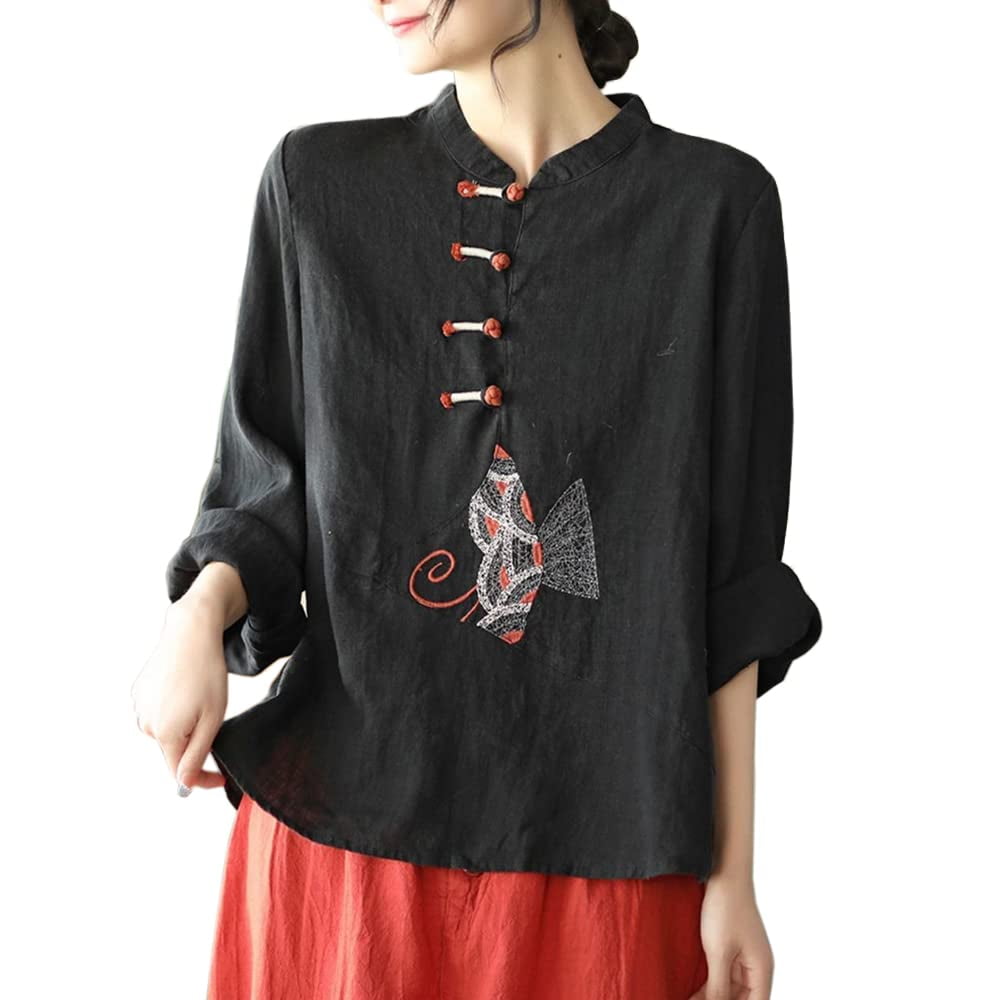 HAORUN Women Chinese Embroidered Cotton Linen Frog Button Shirt Long ...