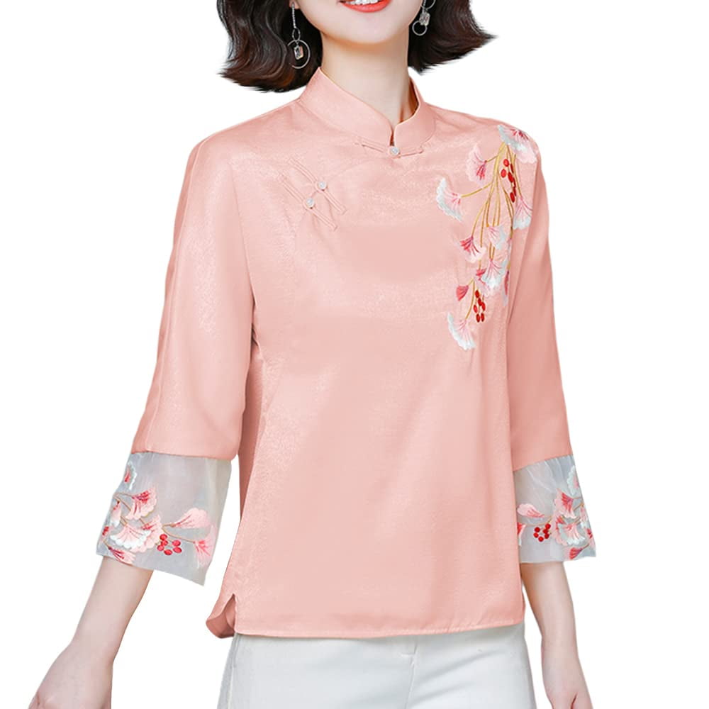 HAORUN Women Chinese Floral Embroidery Shirt 3/4 Sleeve Frog Button Mandarin Collar Ethnic ...