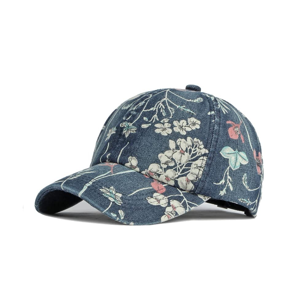 HAORUN Women Floral Print Baseball Cap Adjustable Washed Denim Sport ...