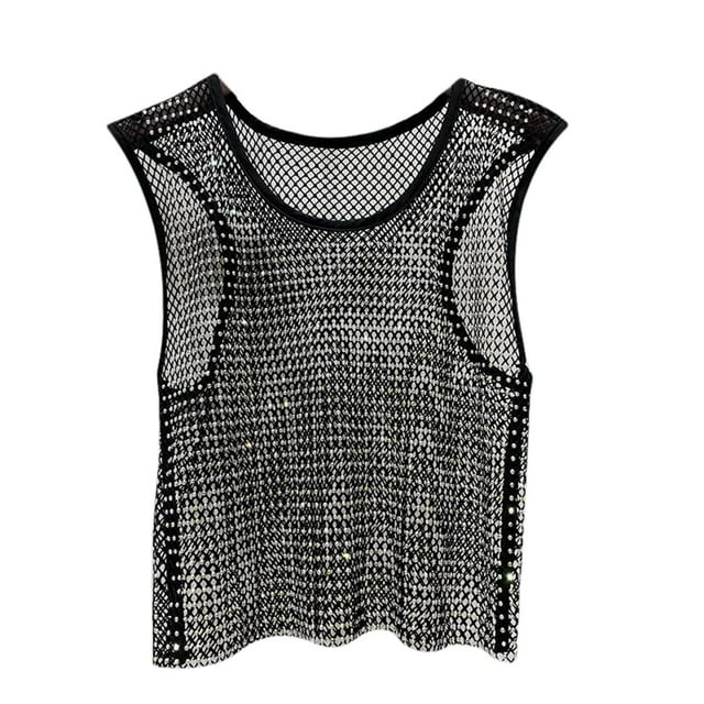 HAORUN Women Rhinestone Fishnet Mesh Tank Tops Glitter Shiny Sleeveless ...