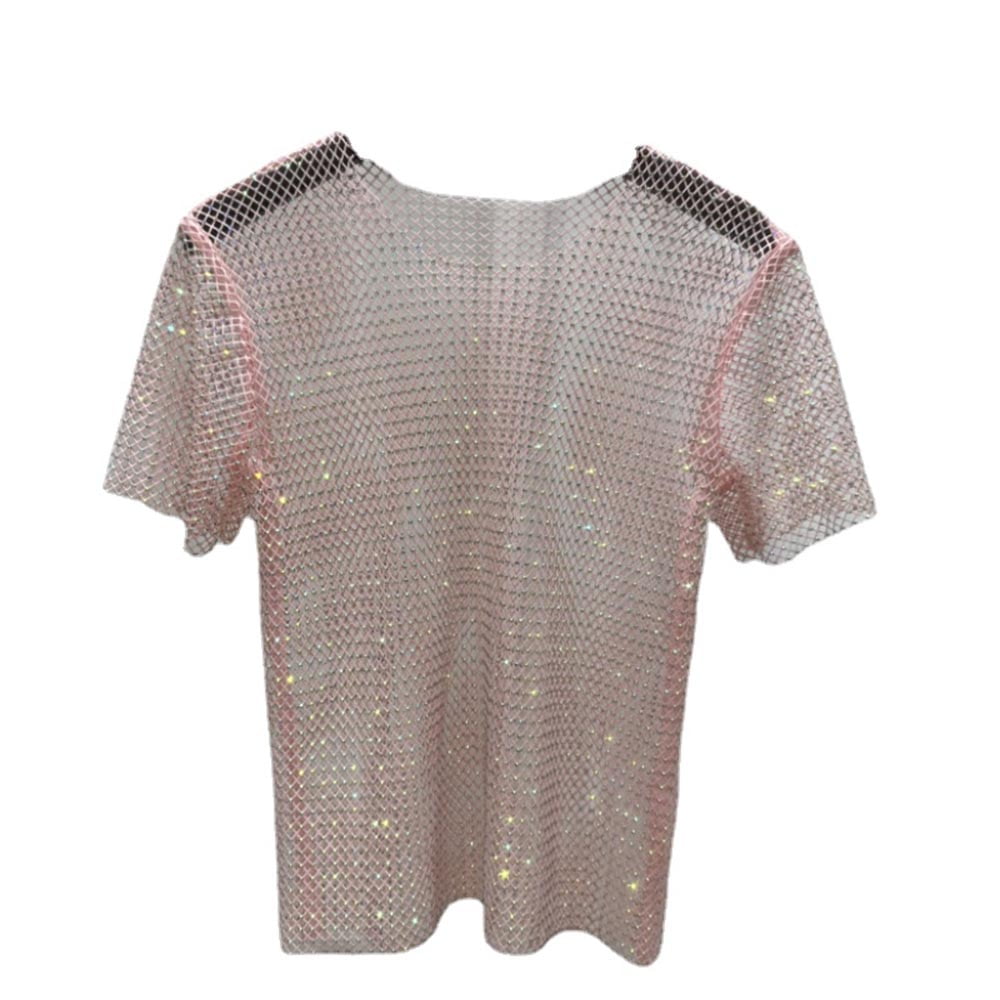 HAORUN Women Rhinestone Fishnet Tops Short Sleeve Glitter Shiny T Shirt ...