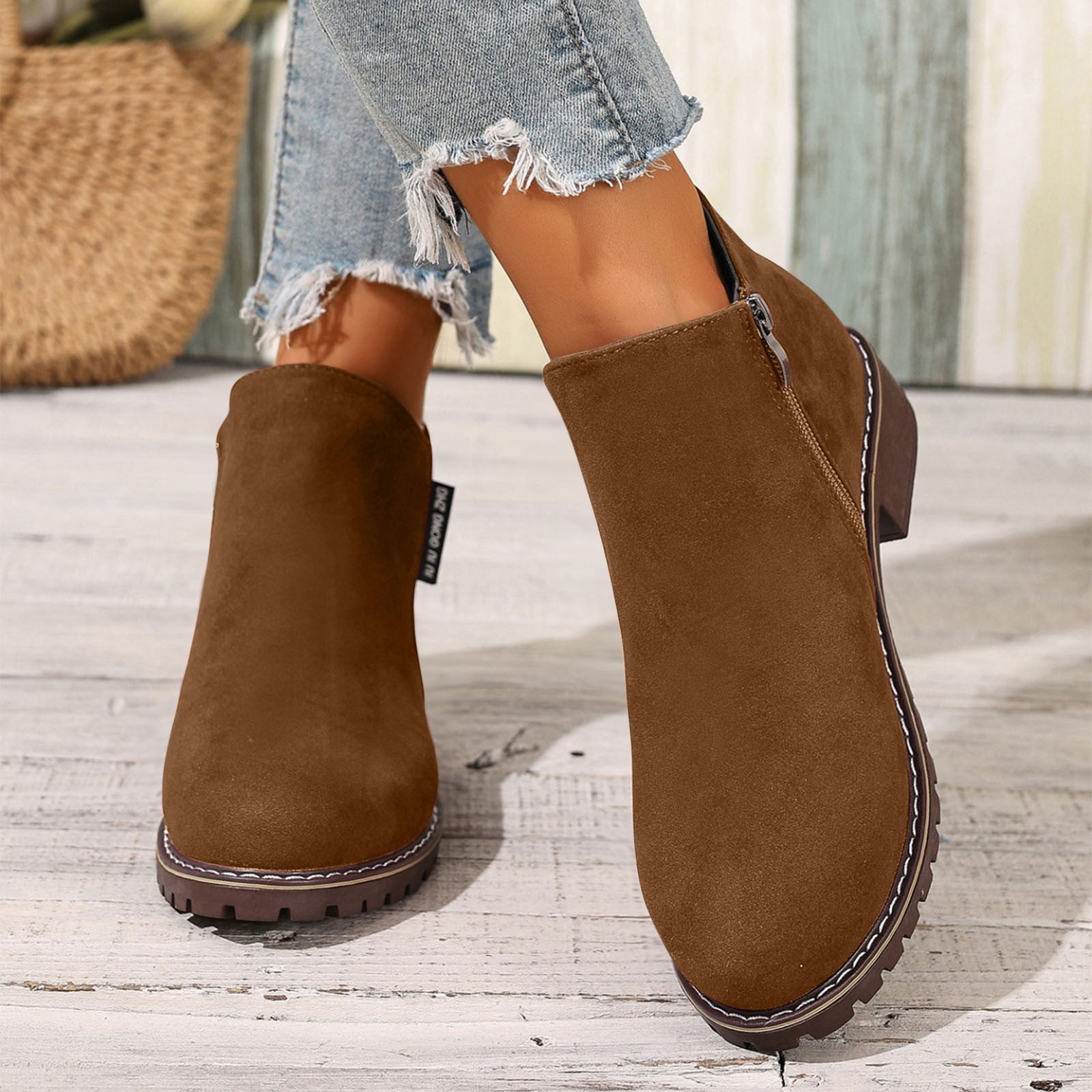 HAOTAGS Women's Low Heel Ankle Boots, Brown, Size 10, Casual and Dressy ...