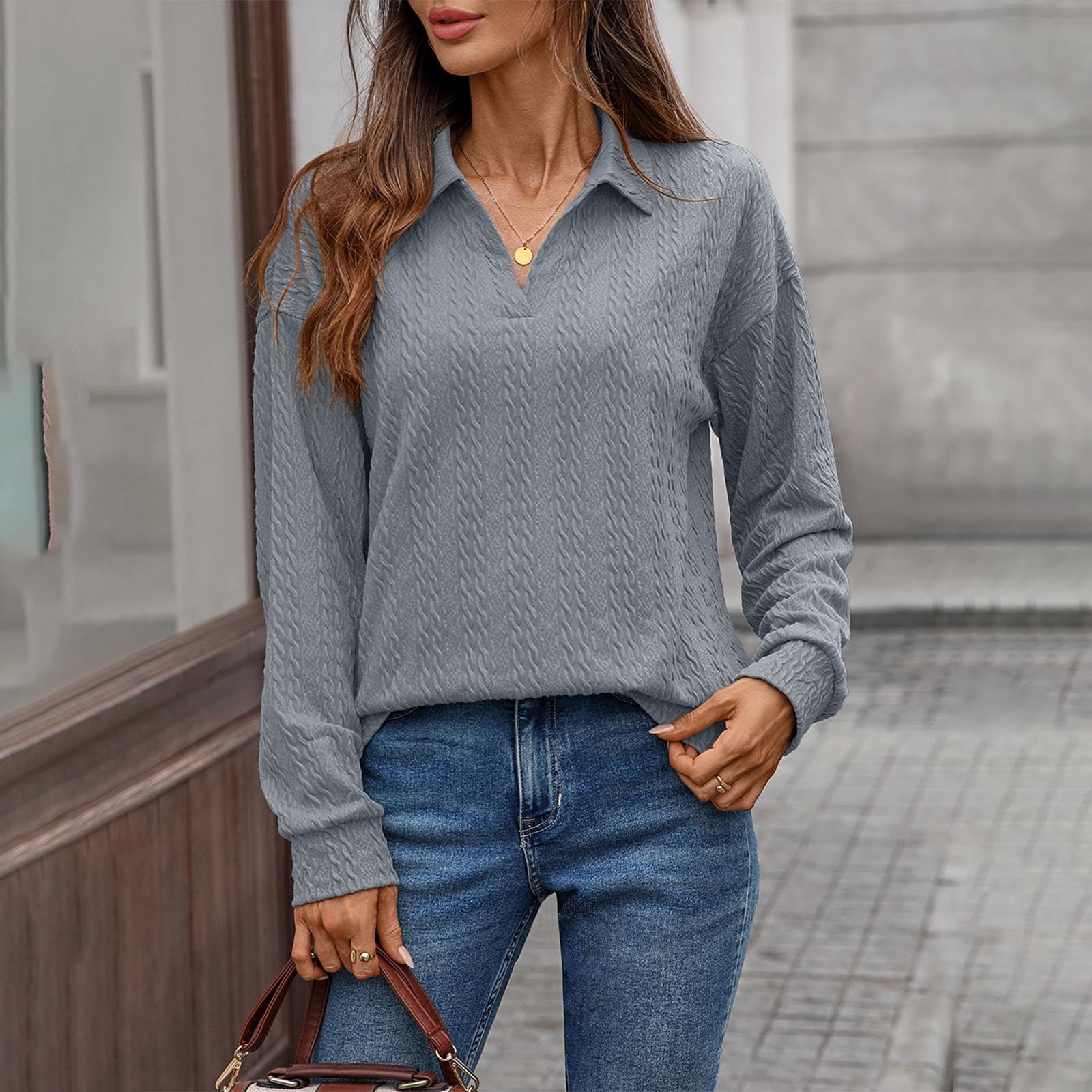 HAOTAGS Business Casual Womens Blouses Gray Tops Solid V Neck Long ...
