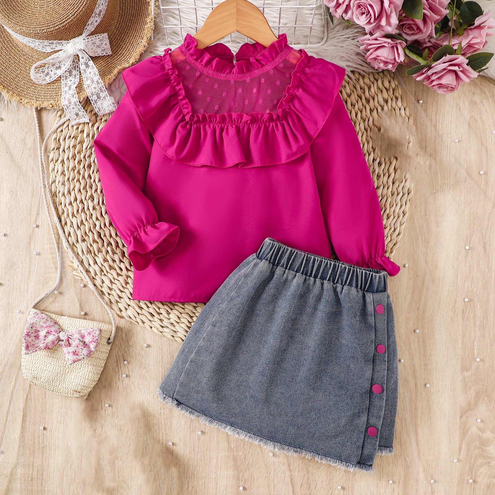 HAOTAGS Denim Skirt Sets, Elastic Waist Long Sleeve Shirt Solid Trendy ...