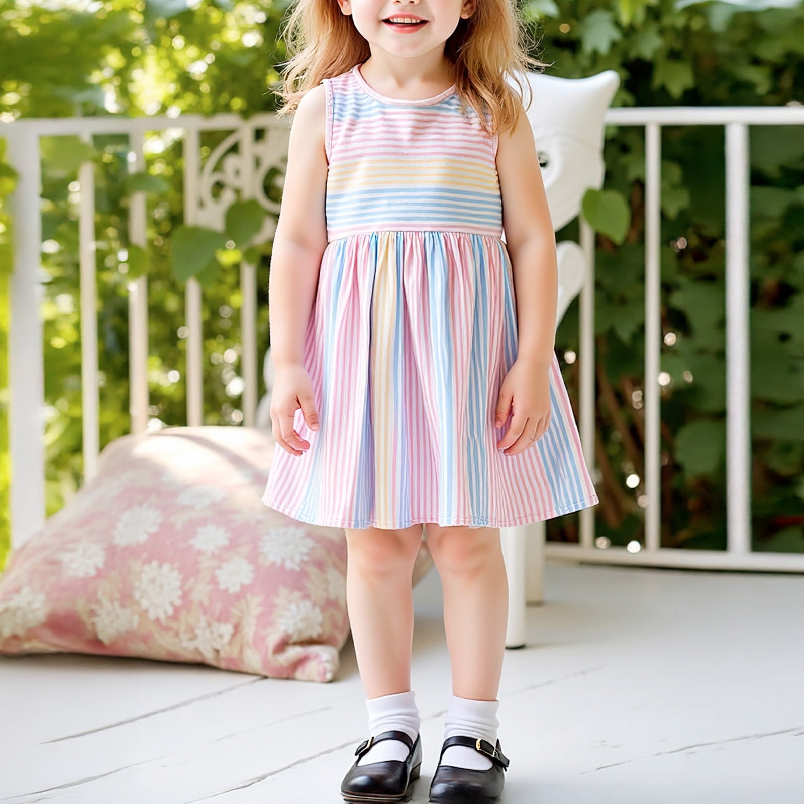 HAOTAGS Girl's Floral Summer Dress (3-8) Ruffle Shirred Sleeveless High ...