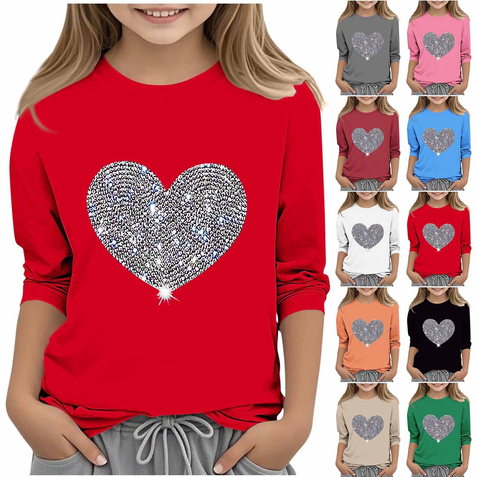 HAOTAGS Girls Heart Print 3/4 Sleeve Top, Valentine-Inspired Round Neck ...