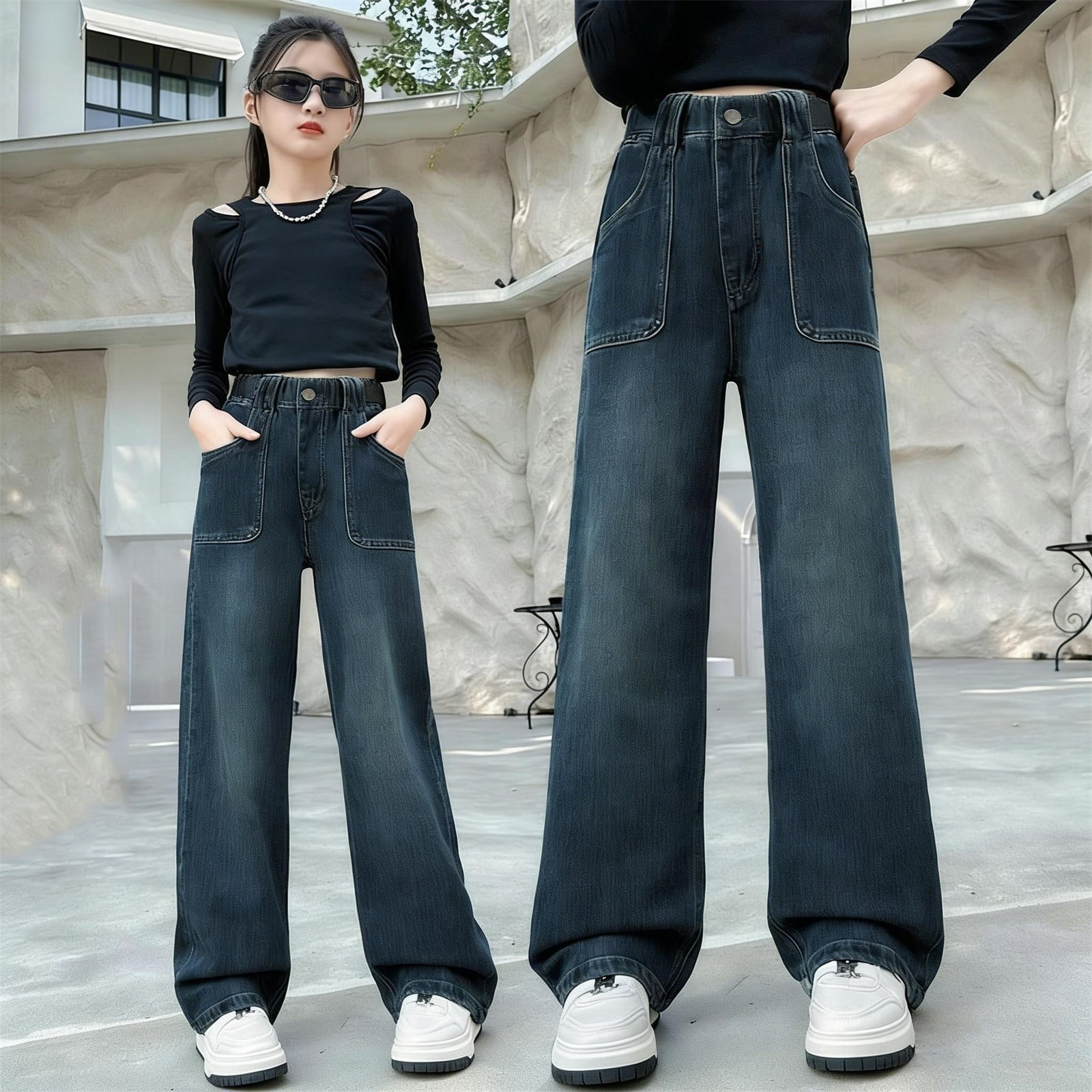 HAOTAGS Girls Straight-Leg Jeans,Stretchy Solid Color Casual Loose ...