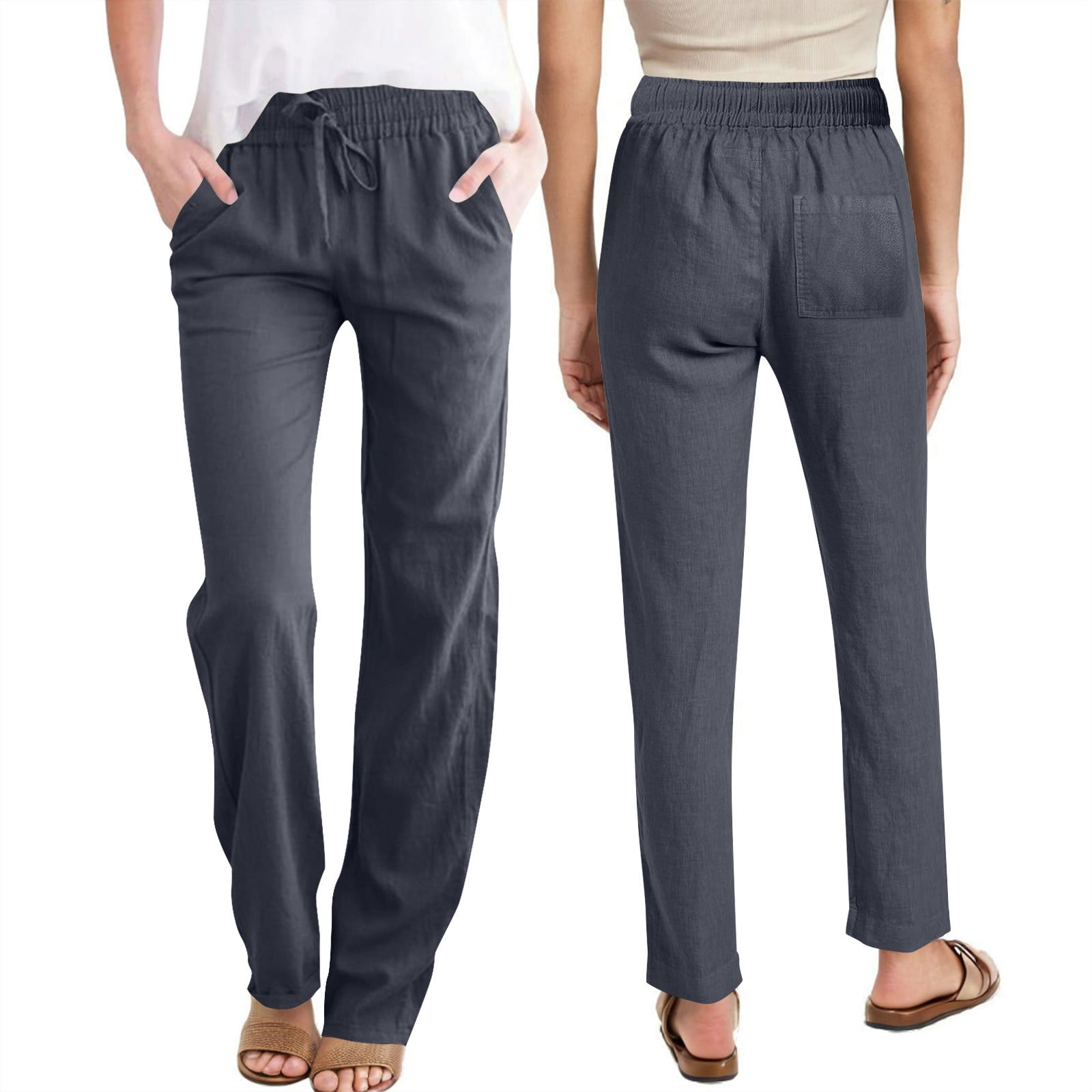 HAOTAGS Linen Pants for Women, High Waist Casual Stright Leg Loose ...
