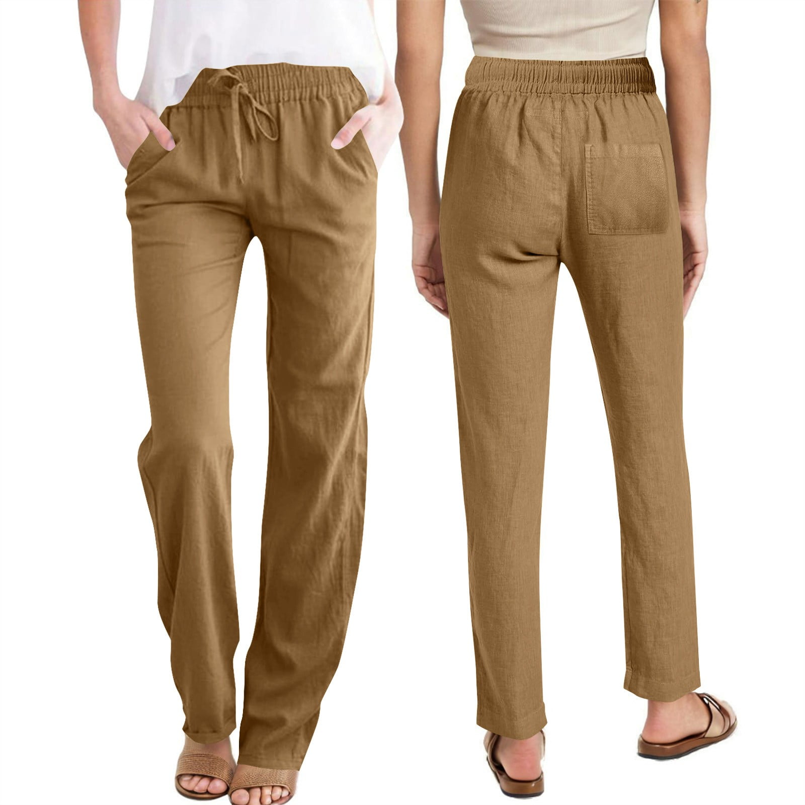 HAOTAGS Linen Pants for Women, High Waist Casual Stright Leg Loose Yoga ...