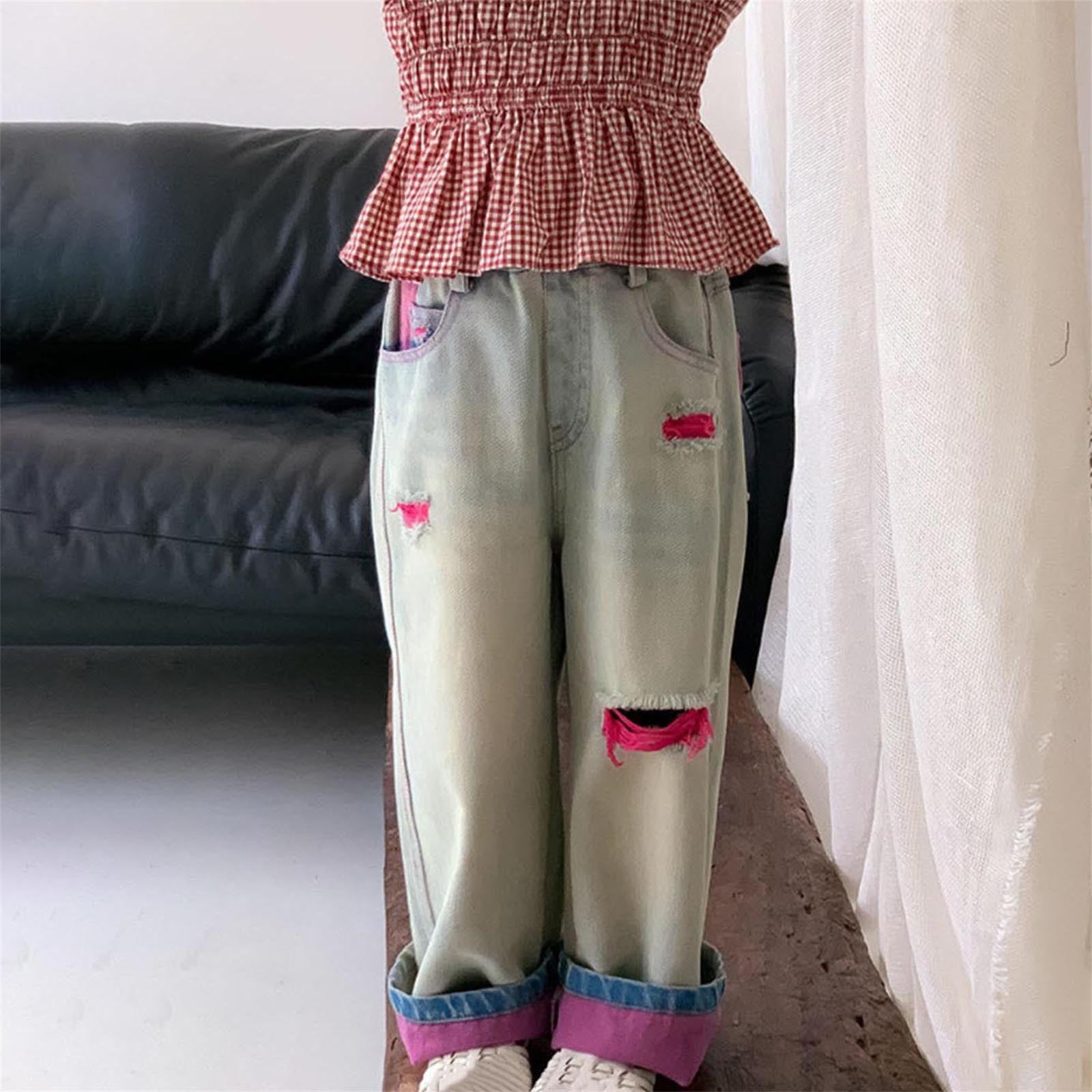 HAOTAGS Mid Waist Denim Pans Kids Baggy Wide Leg Cargo Trousers Stretch ...