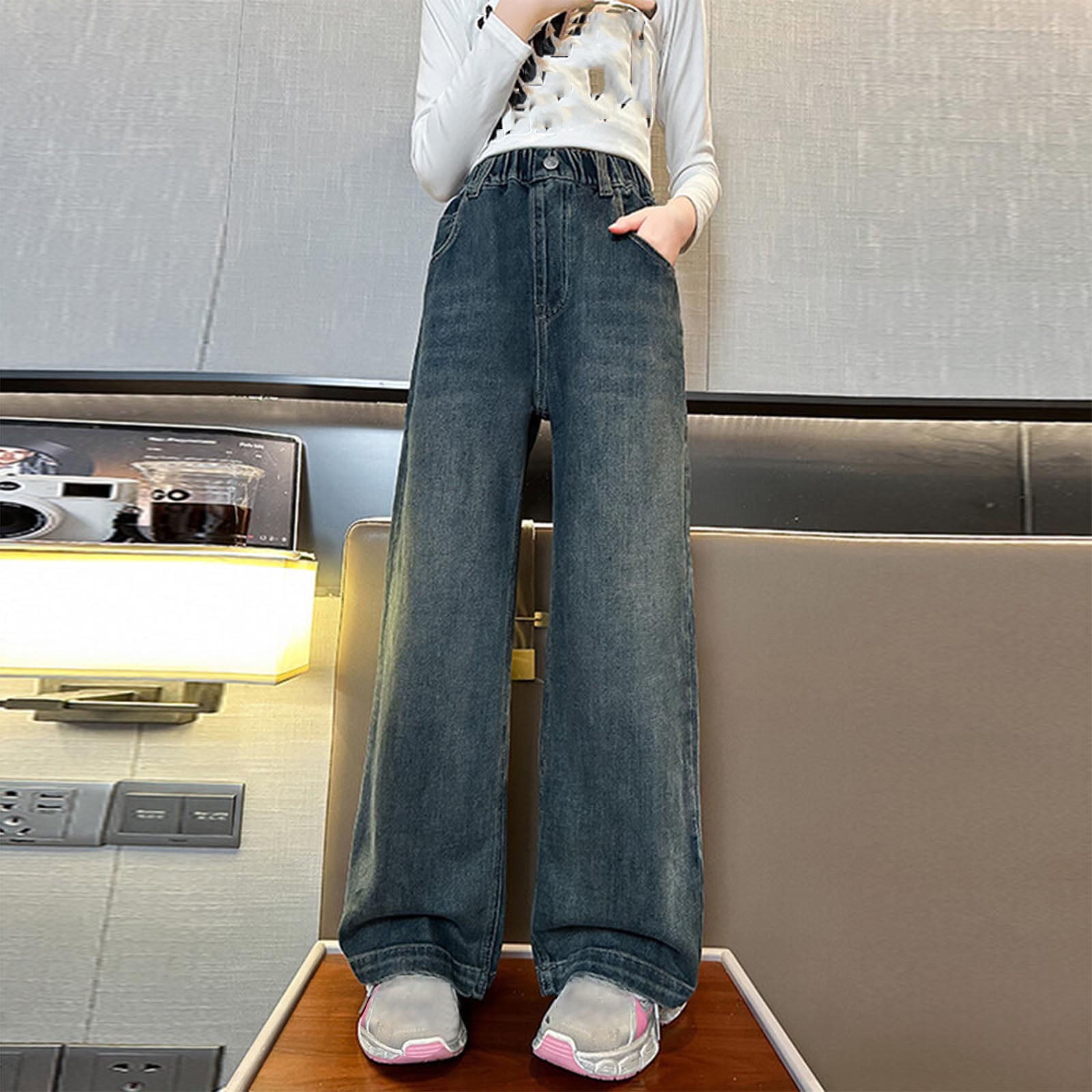 HAOTAGS Mid Waist Long Jeans for Teens Cute Wide Leg Trousers Ripped ...